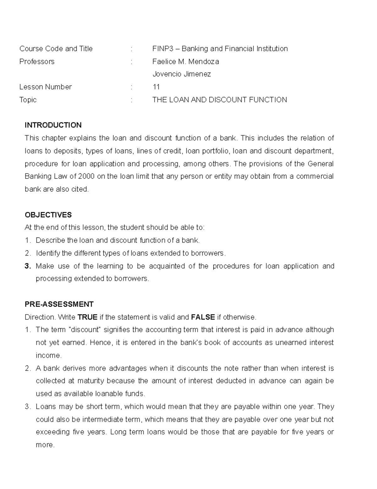 Lesson 11 Loan and Discount Function - Course Code and Title : FINP3 ...