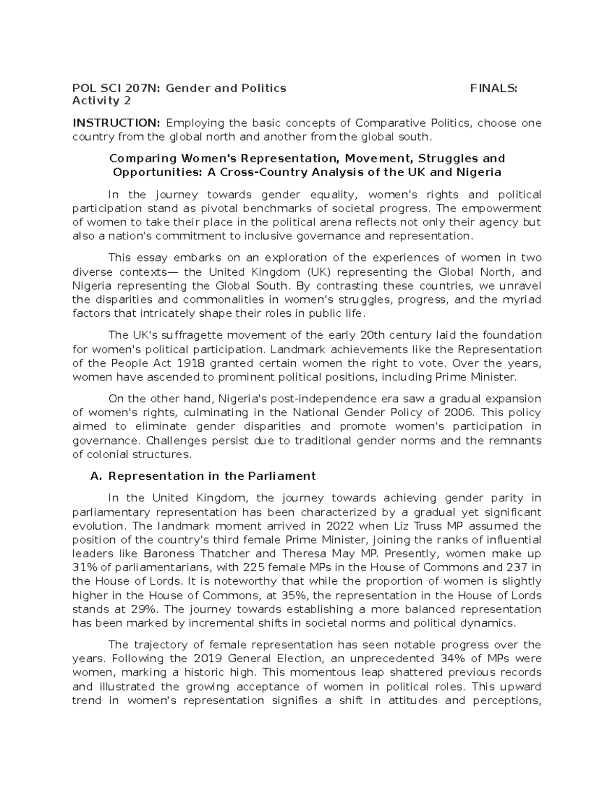 In the journey towards gender equality - POL SCI 207N: Gender and ...