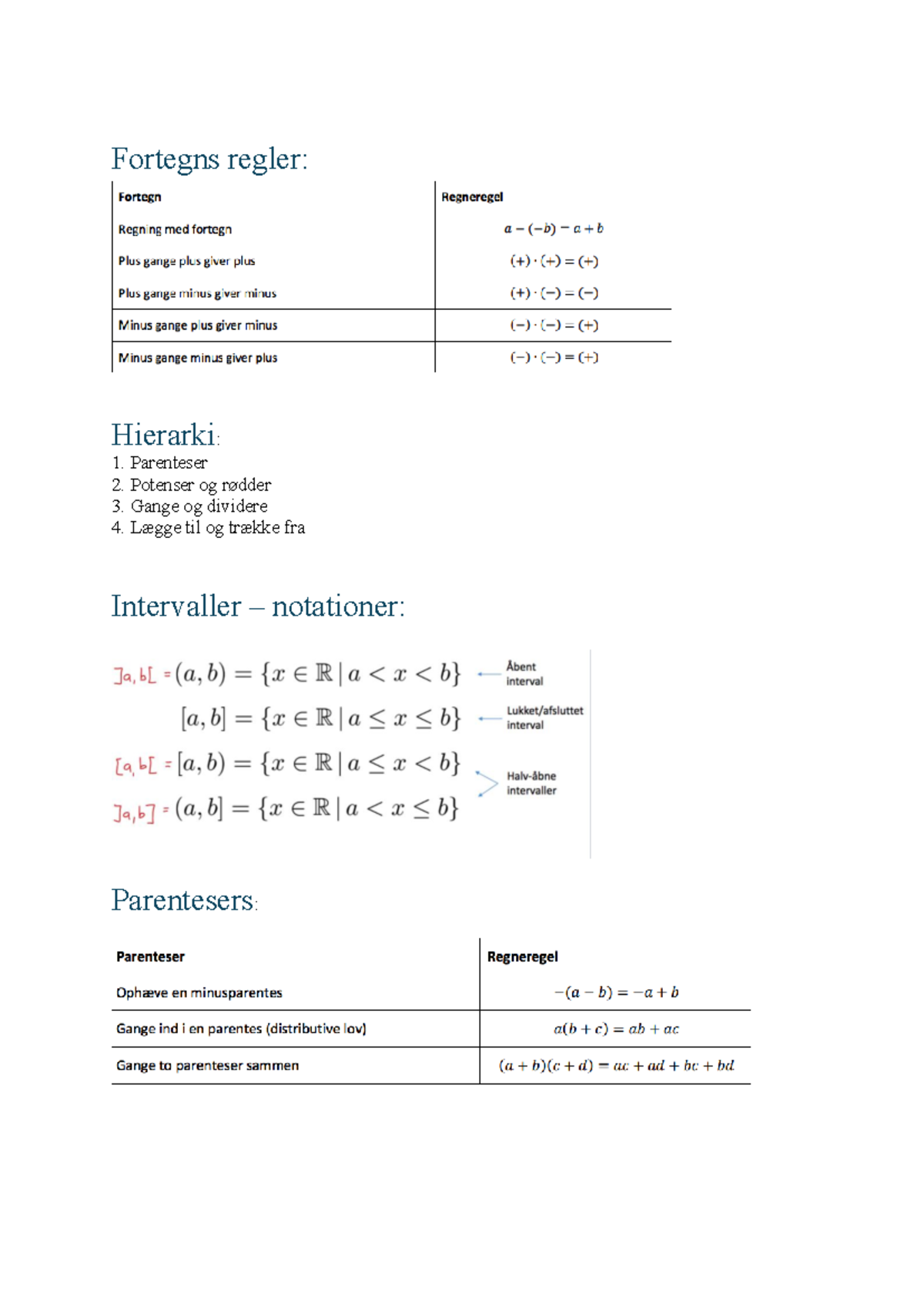 Begynde Matematik noter - Matematik A - Fortegns regler: Hierarki: 1 ...