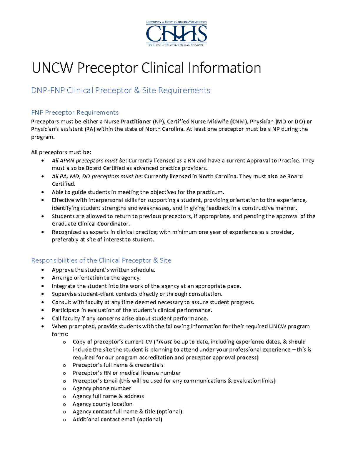 Clinical Information - UNCW Preceptor Clinical Information DNP-FNP ...