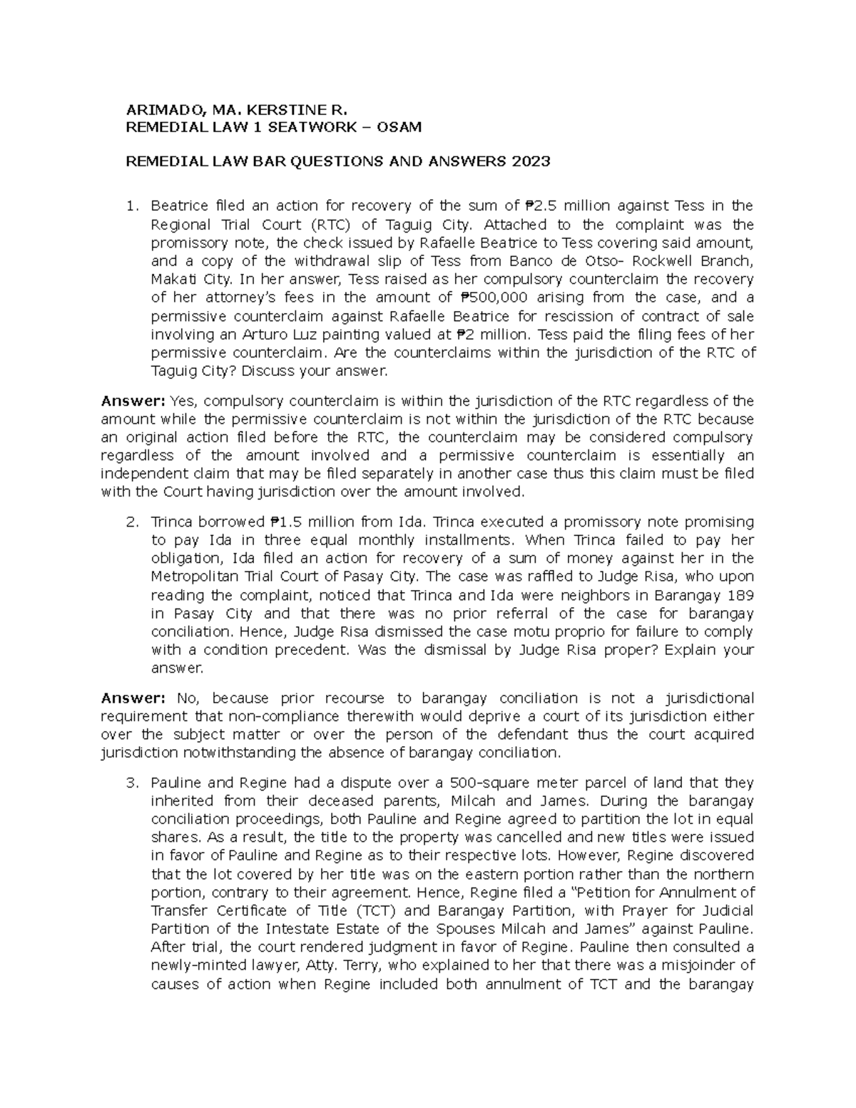 Answer Bar Q's1,2,3 (2023) - ARIMADO, MA. KERSTINE R. REMEDIAL LAW 1 ...