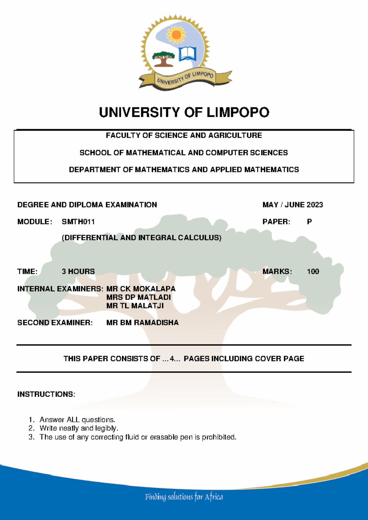 SMTH011 MAY JUNE 2023 - past exam paper - UNIVERSITY OF LIMPOPO FACULTY ...