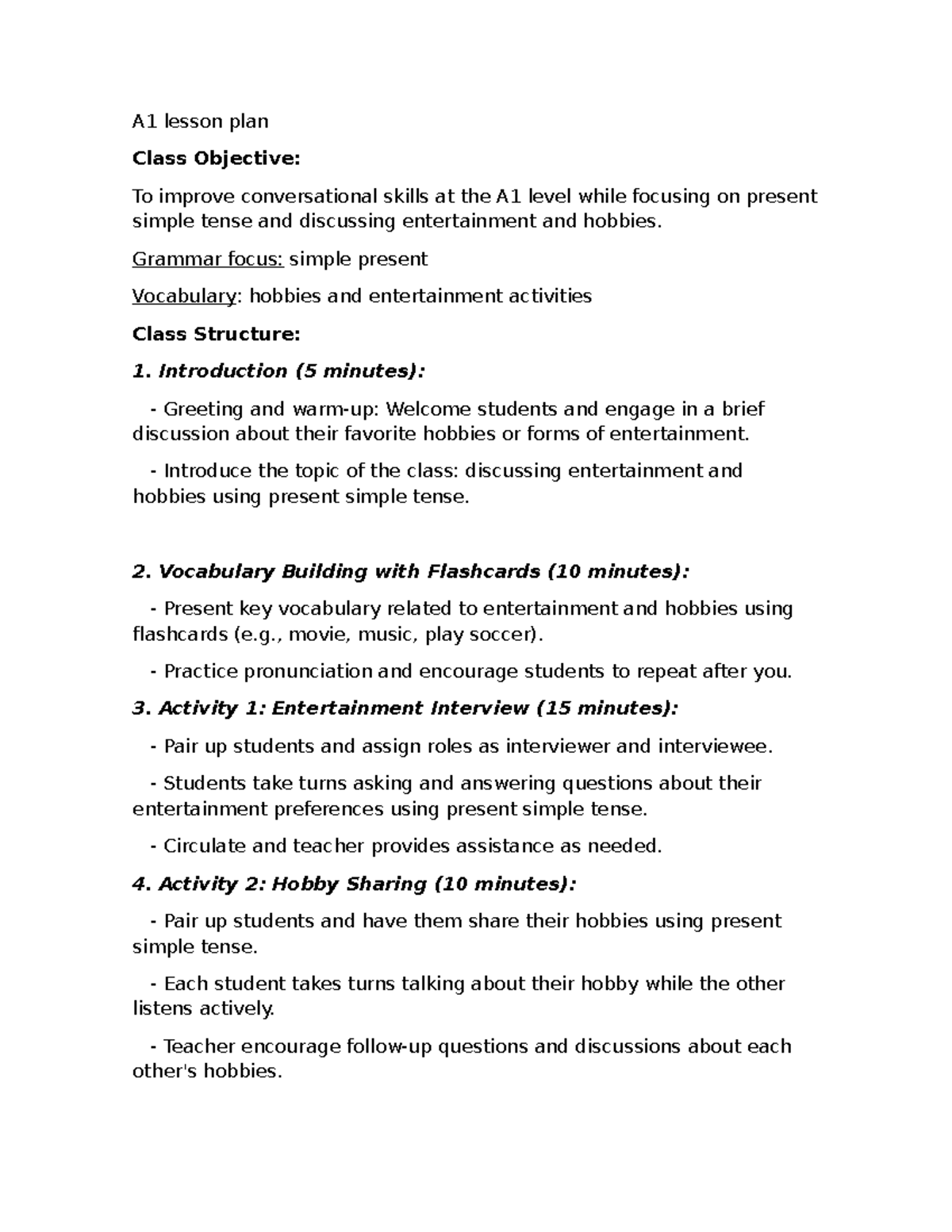 A1 lesson Plan (hobbies and entertainment) - A1 lesson plan Class ...