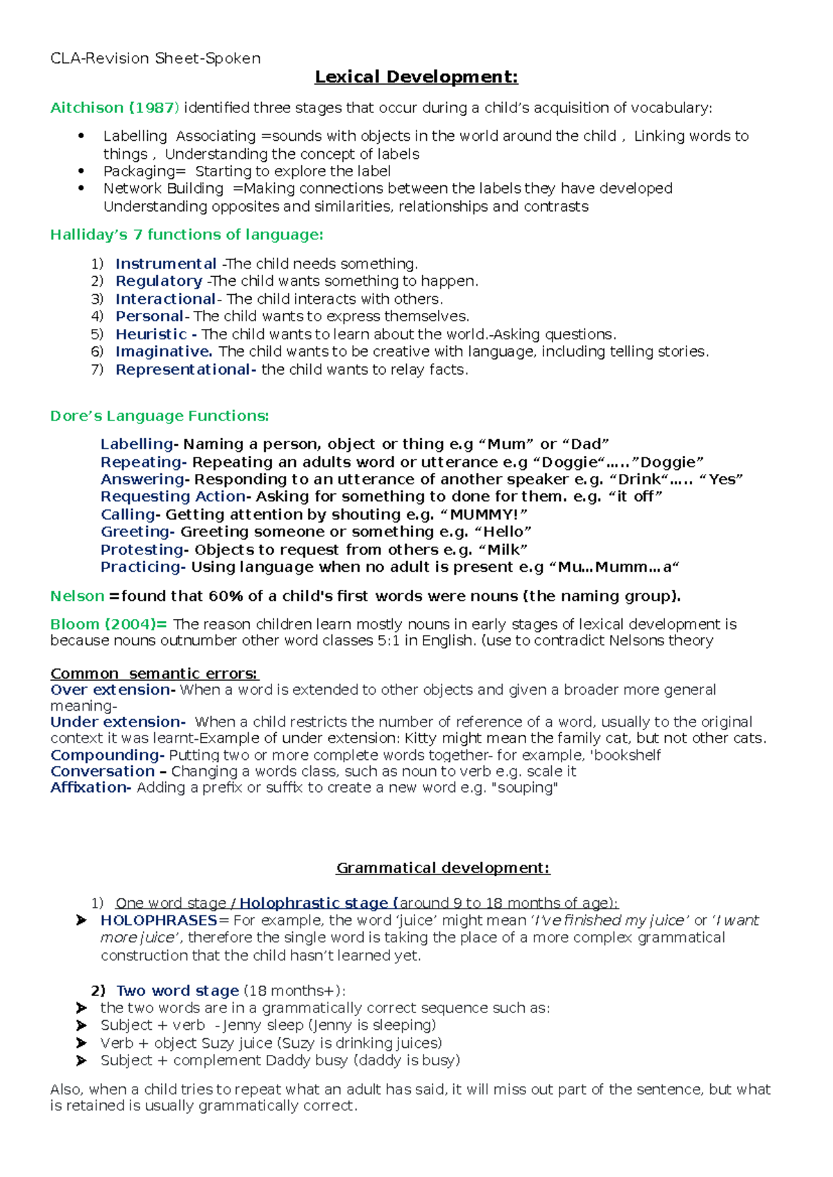 CLA- Revision Sheet- Sinnker, Bruner, Lexis AND Grammar - Lexical ...