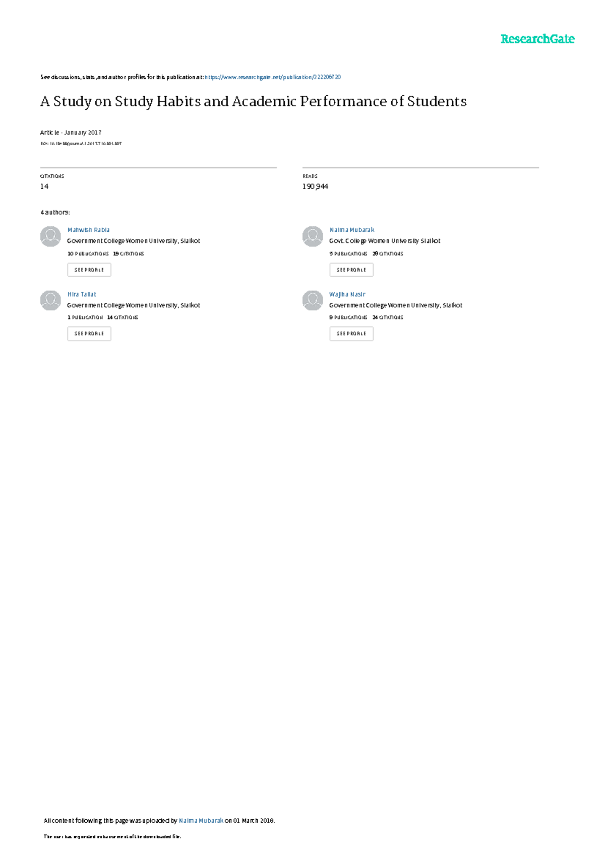 A Study on Study Habits and Academic Performance o - Psychology - Studocu