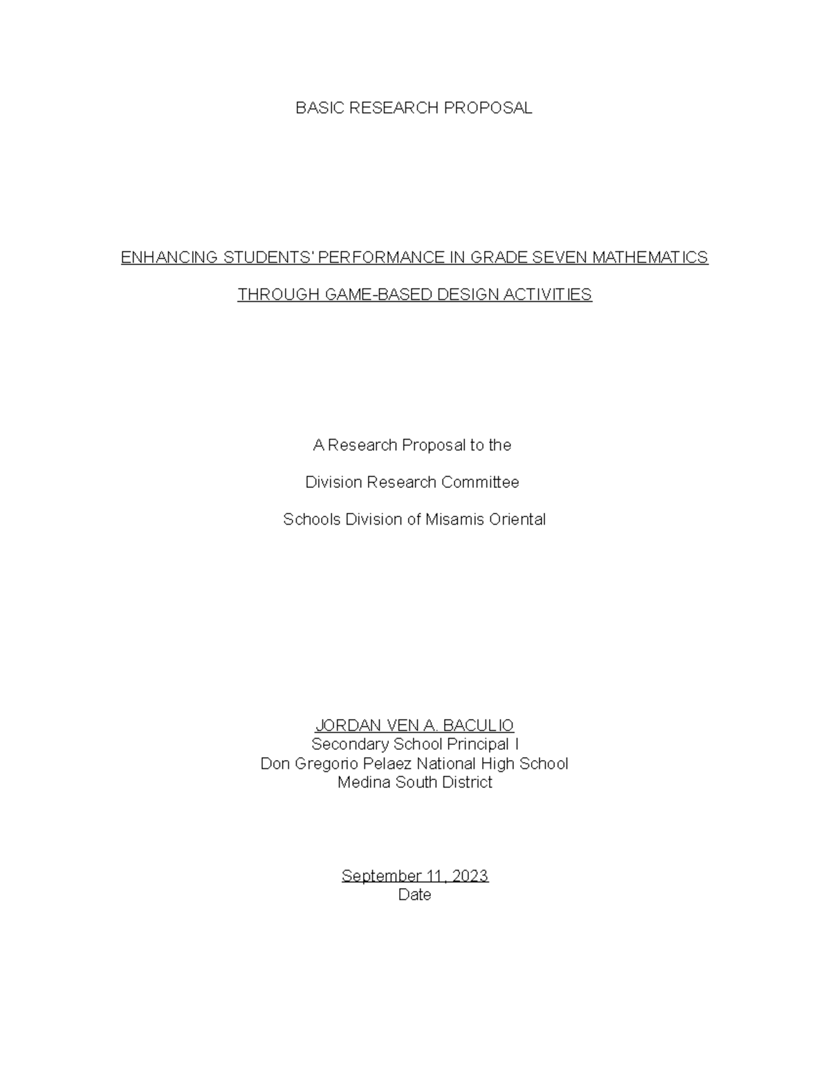 JV Baculio- Basic Research Proposal - BASIC RESEARCH PROPOSAL ENHANCING ...