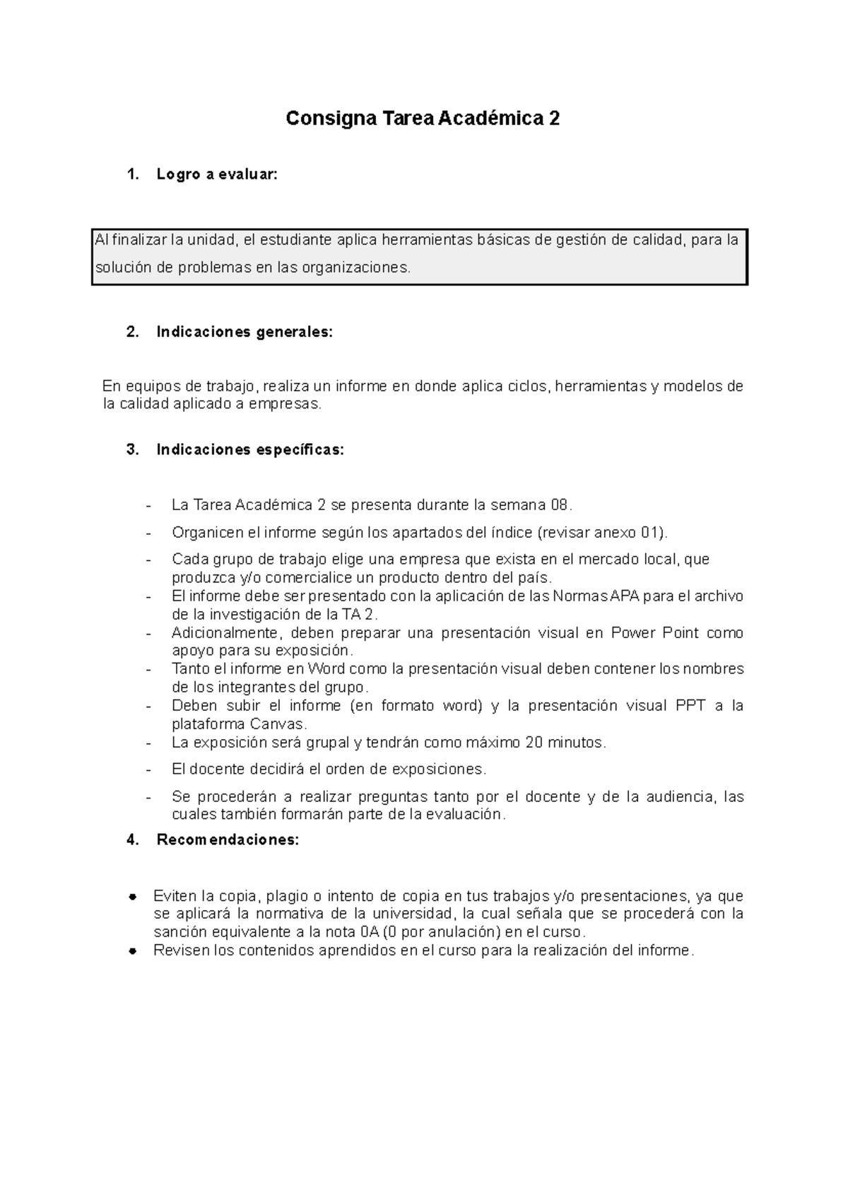 S08 s1 Consigna TA2 - aaaaaaa - Consigna Tarea Académica 2 Logro a evaluar: Al finalizar la ...