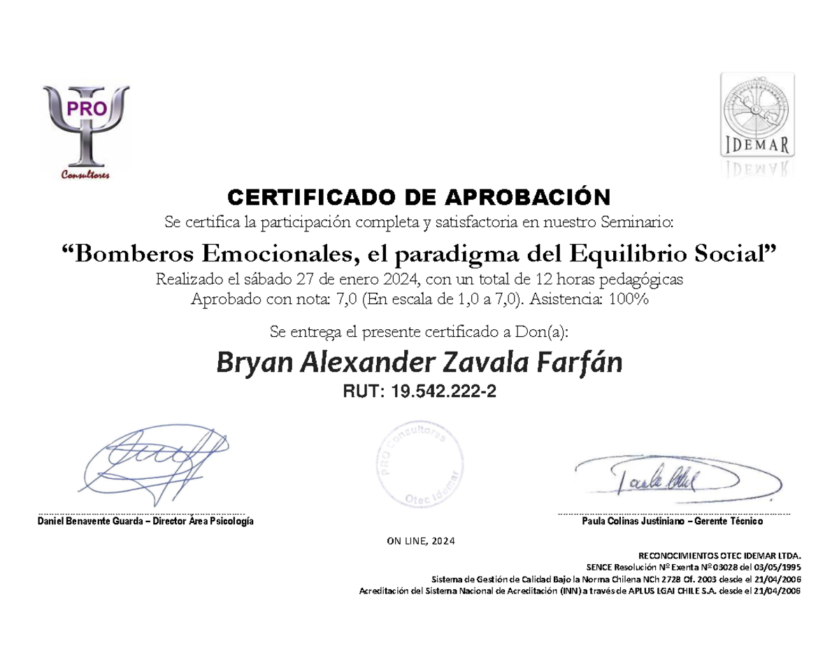 Bryan Zavala. Bomberos Emocionales - RECONOCIMIENTOS OTEC IDEMAR LTDA ...