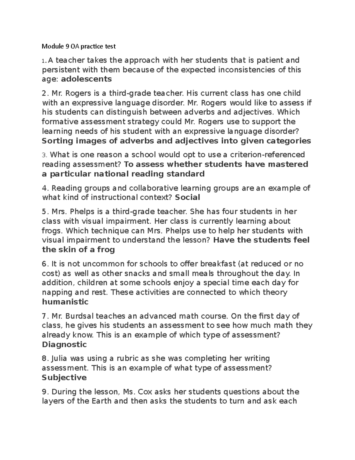 Module 9 OA practice answers and questions - Module 9 OA practice test ...