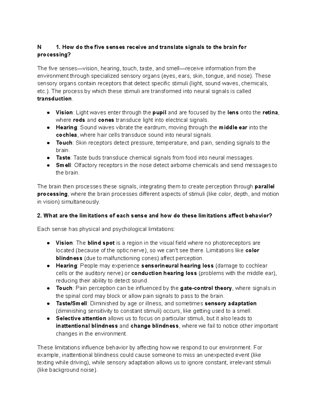 AP Psych Unit 4 Test - Test for Sensation and Perception - N 1. How do ...