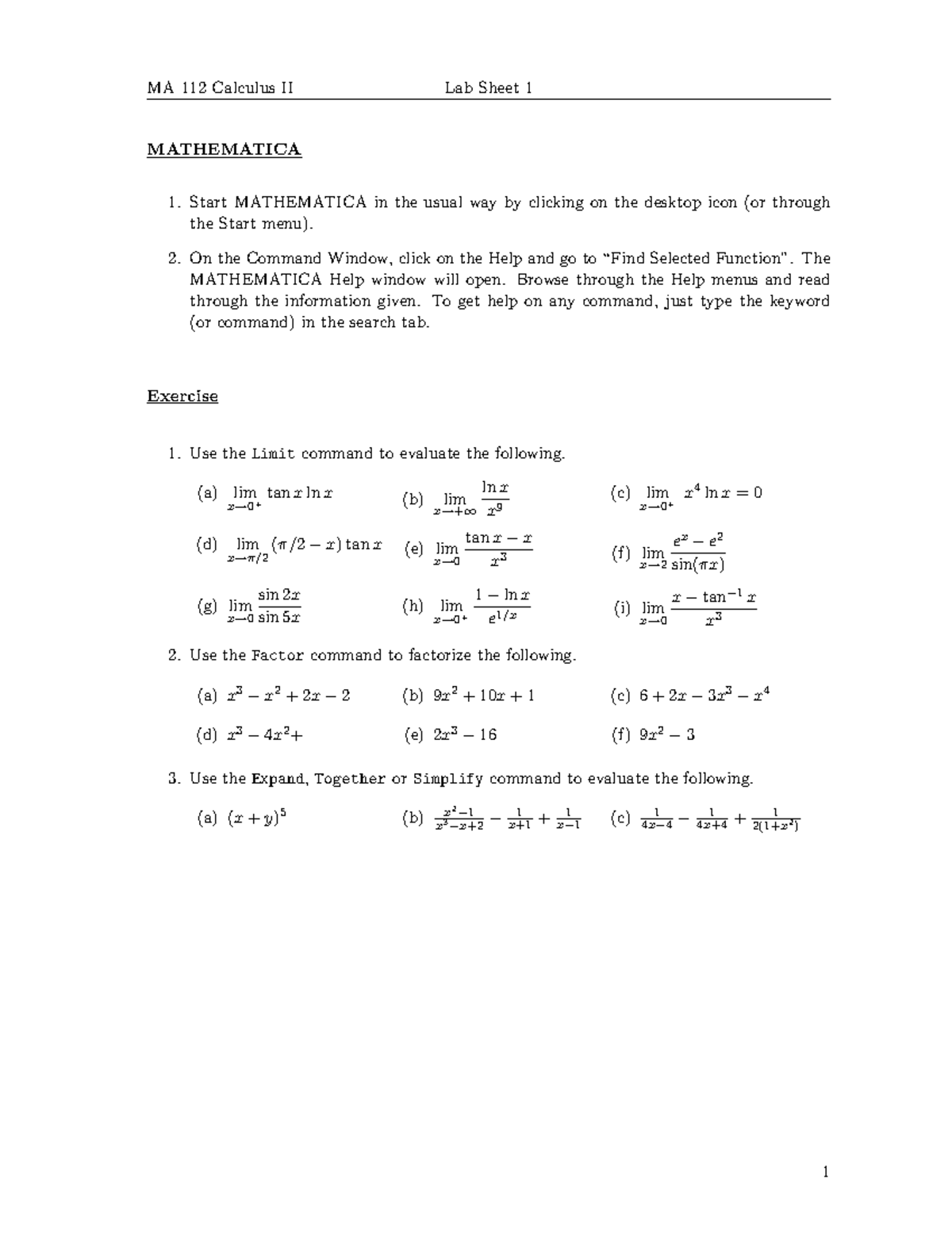 Lab1 - Lab1 - MA 112 Calculus II Lab Sheet 1 MATHEMATICA Start MATHEMATICA in the usual way by ...