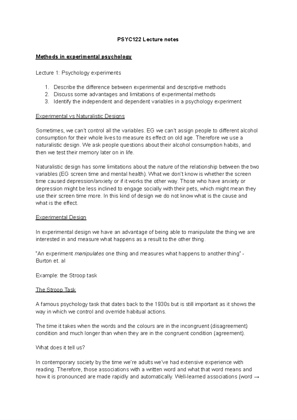 Psyc122 Lecture Notes Psyc122 Lecture Notes Methods In Experimental Psychology Lecture 1