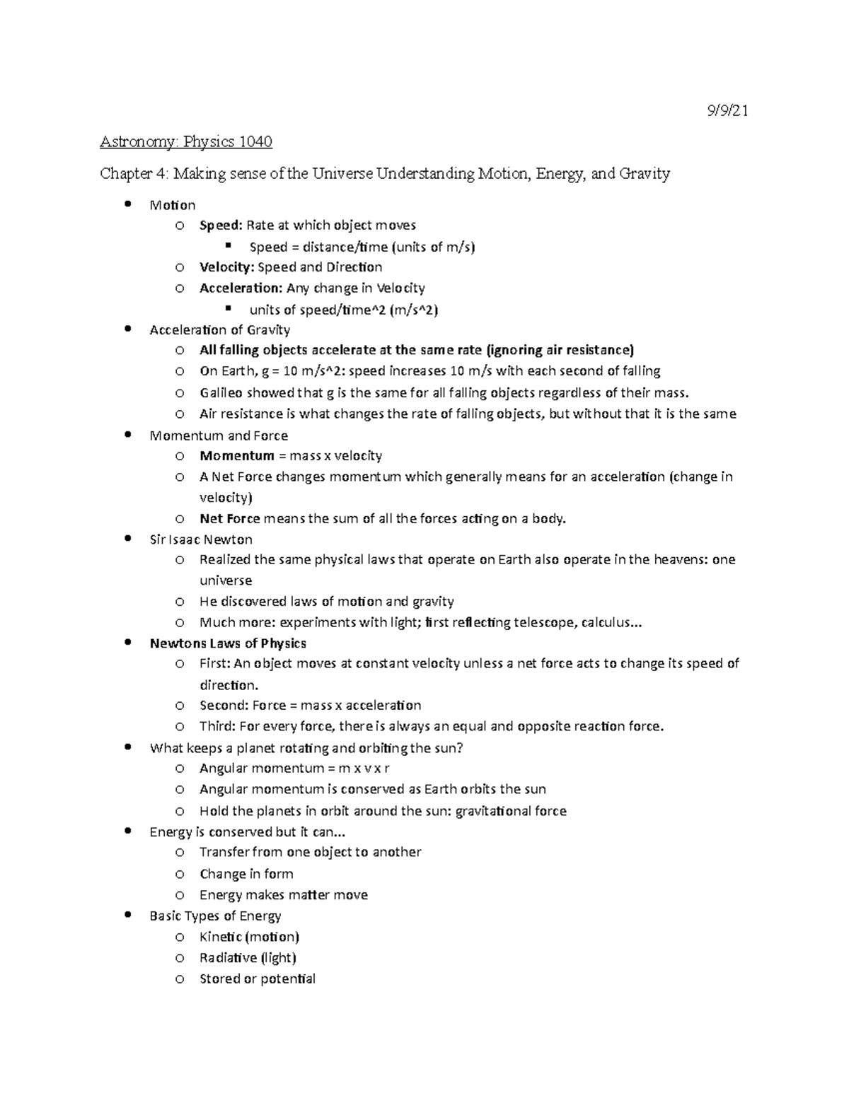 Astronomy Chapter 4 - 9/9/ Astronomy: Physics 1040 Chapter 4: Making ...