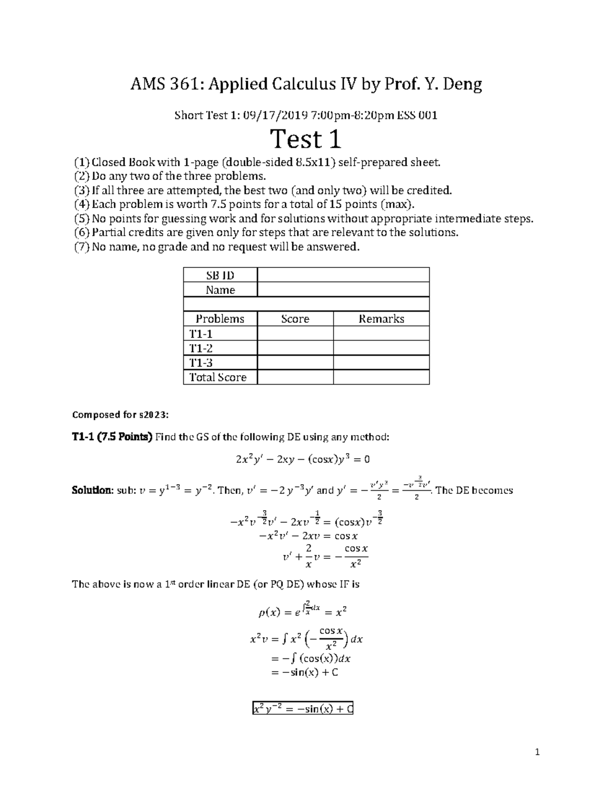 Test1-f19-solution - fall 2019 - 1 AMS 361: Applied Calculus IV by Prof ...