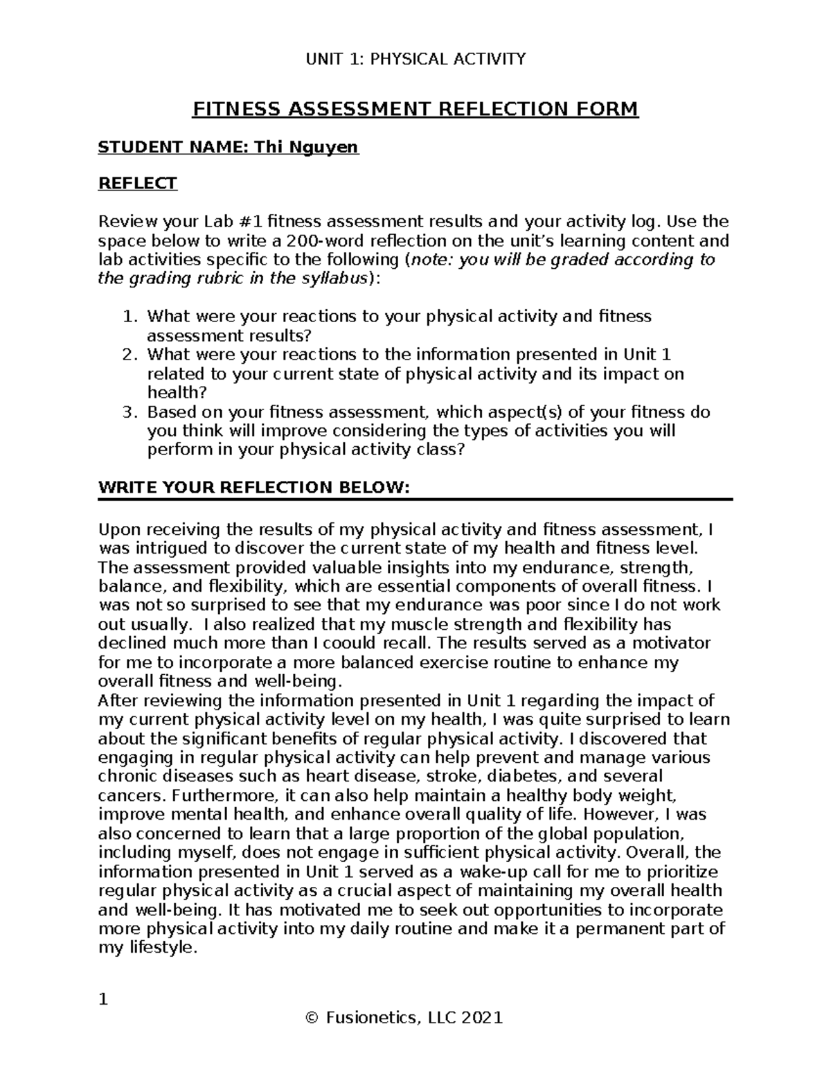 Unit1Fitness Assessment Reflection Form - UNIT 1: PHYSICAL ACTIVITY ...