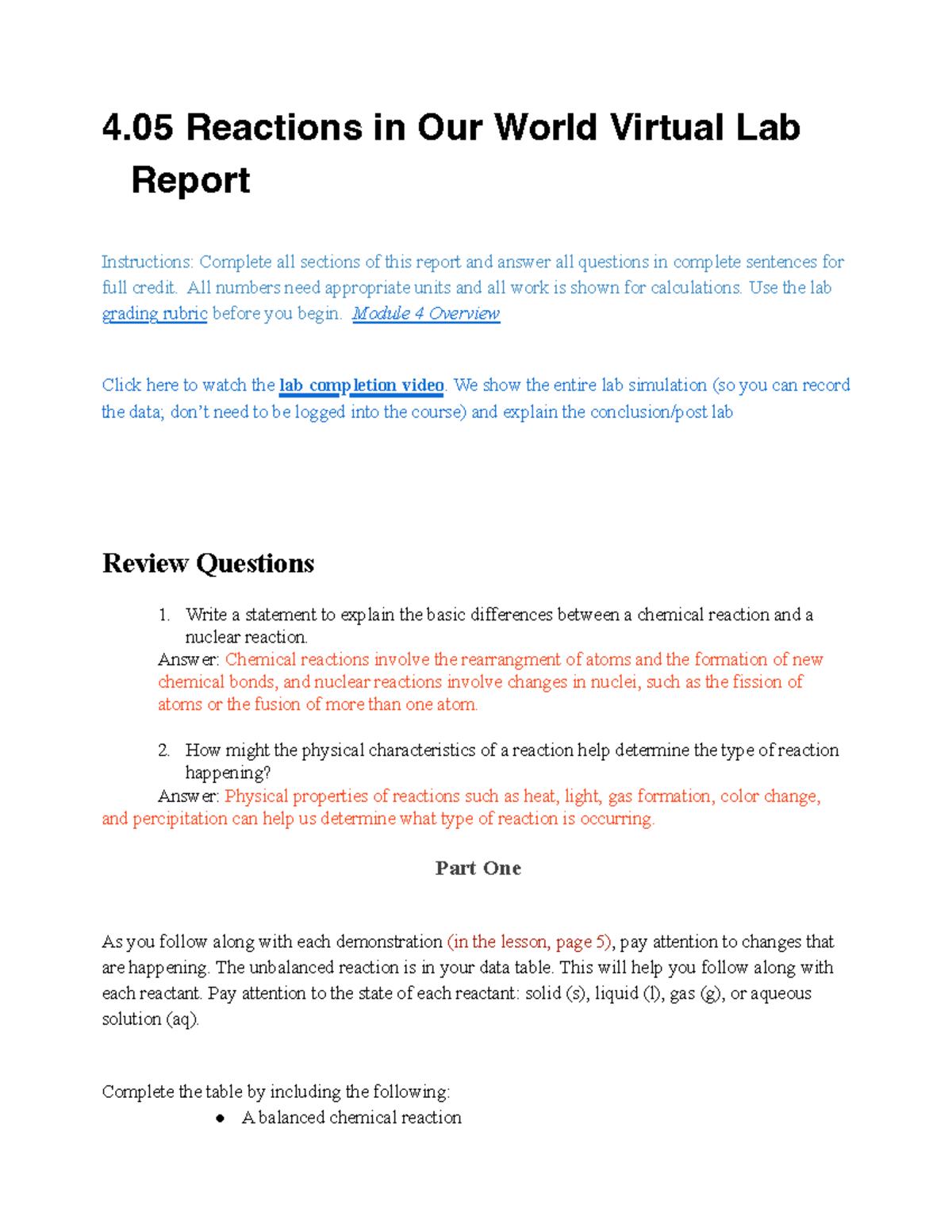4.05 Reactions in Our World Lab Report - 4 Reactions in Our World Virtual Lab Report ...