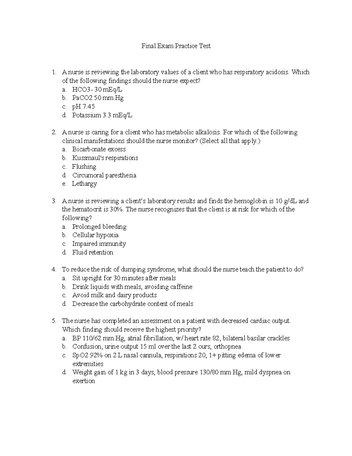 Final Exam Practice Test: Acid-Base Imbalances Cardiac Output and ...
