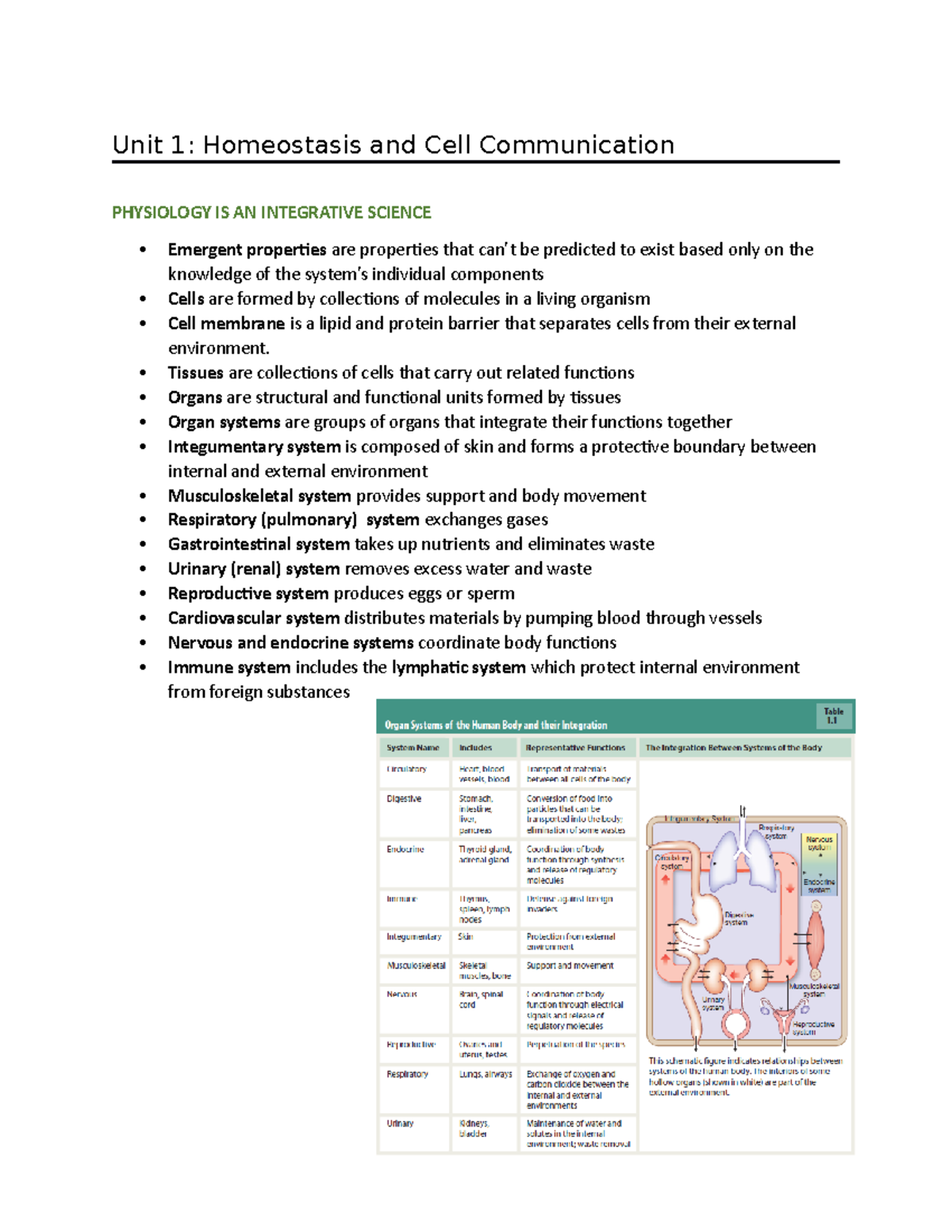 Lecture notes, lectures unit 1 - 6 - Unit 1: Homeostasis and Cell ...