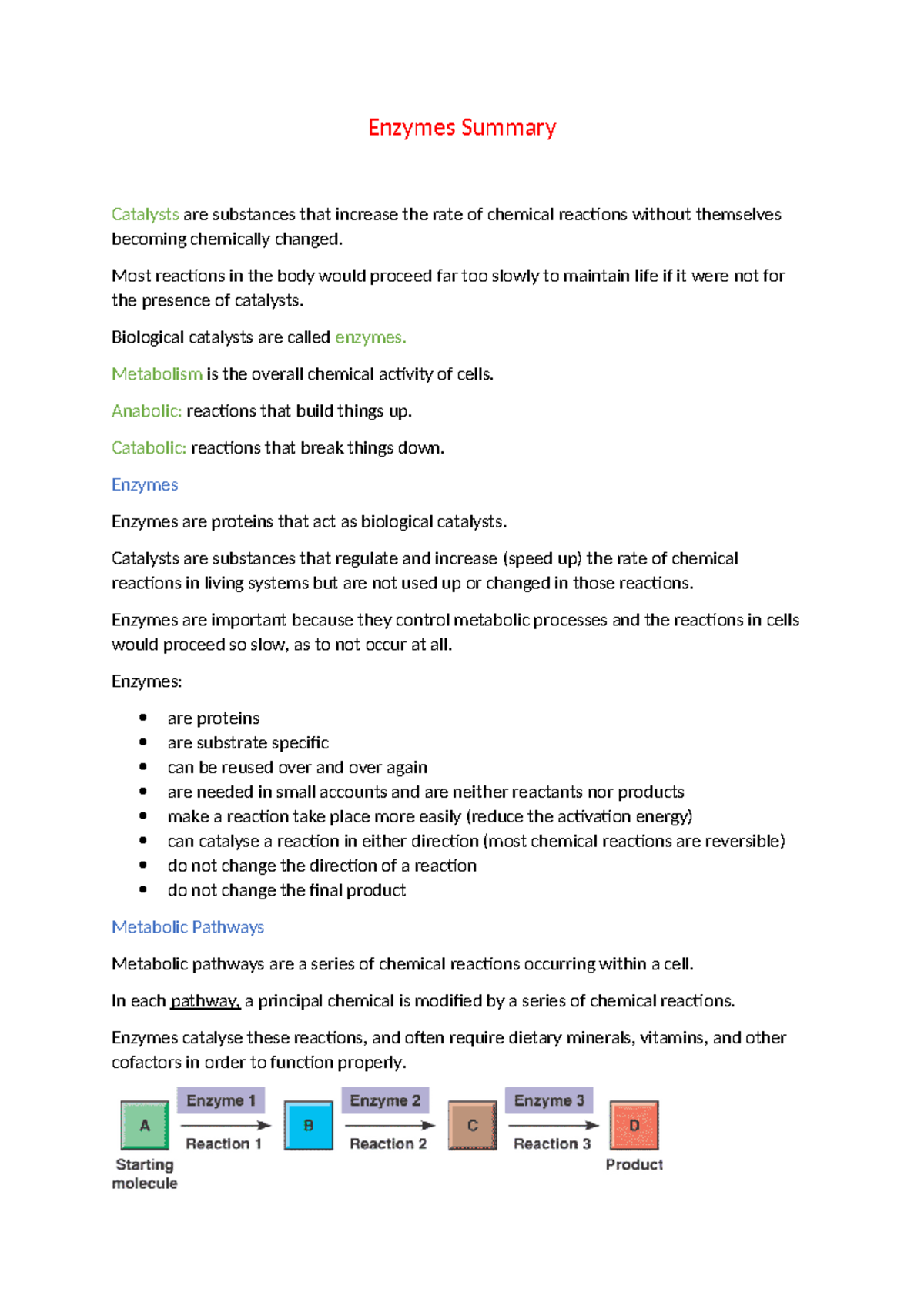 Enzymes Summary - notes - Enzymes Summary Catalysts are substances that ...
