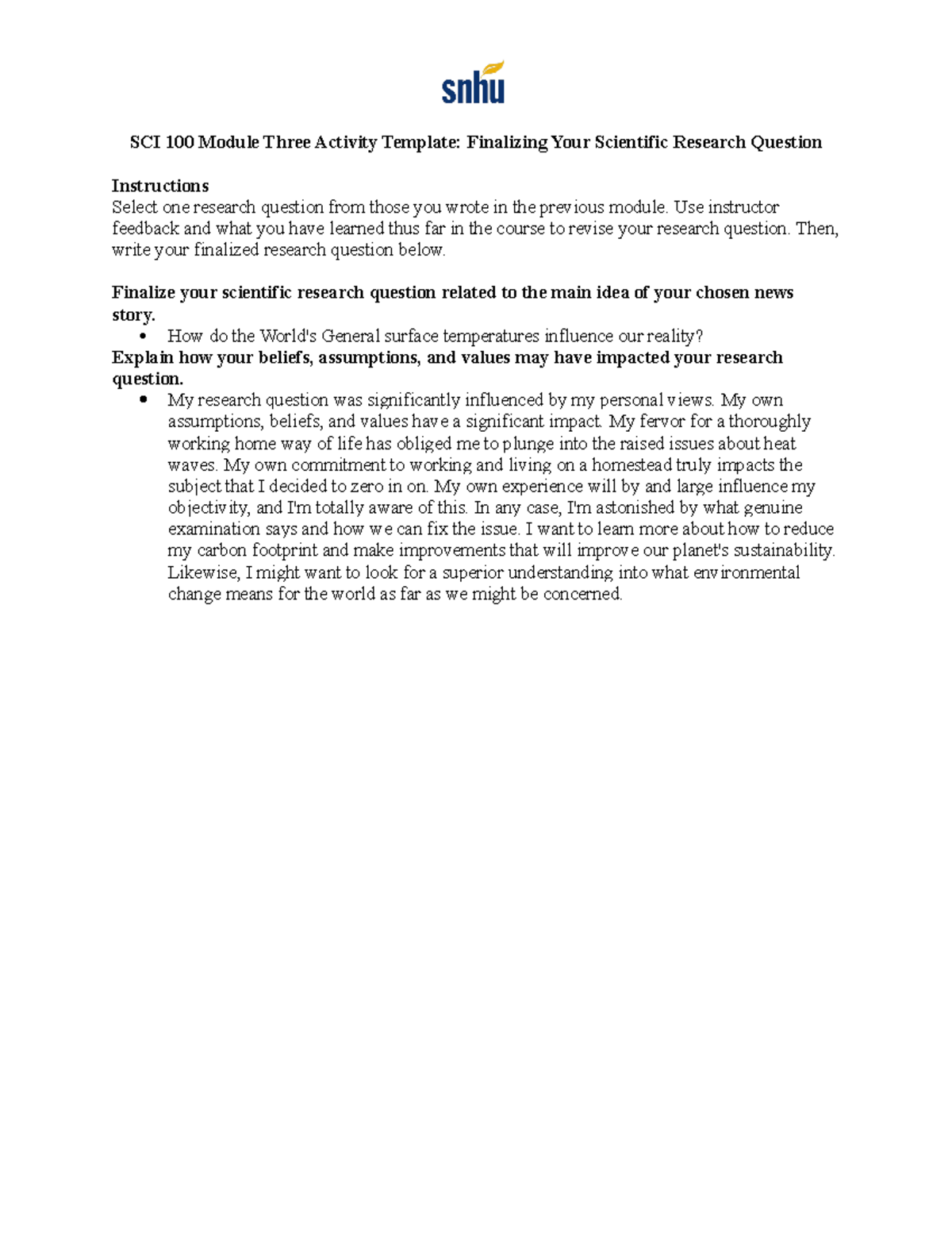 SCI 100 Module Three - assignment - SCI 100 Module Three Activity ...