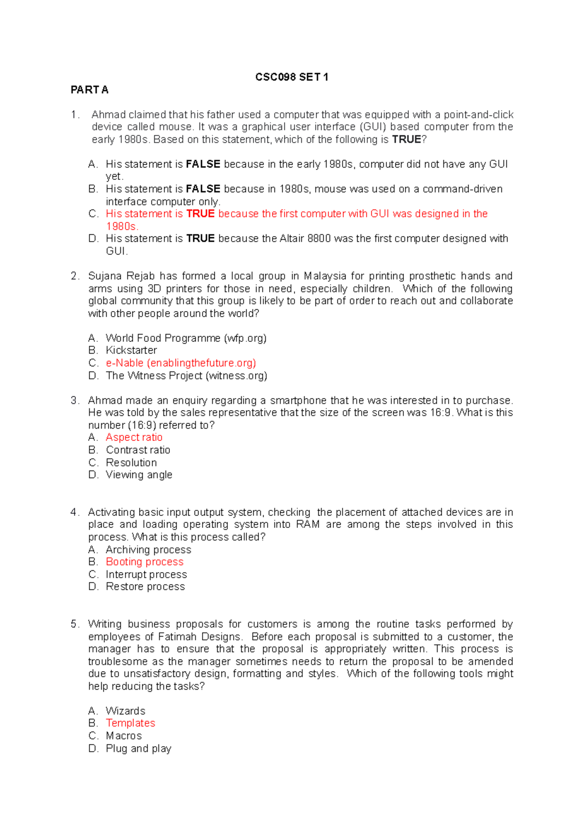 CSC098 Midterm 2021 SET1 Answer - CSC098 SET 1 PART A Ahmad claimed that his father used a ...