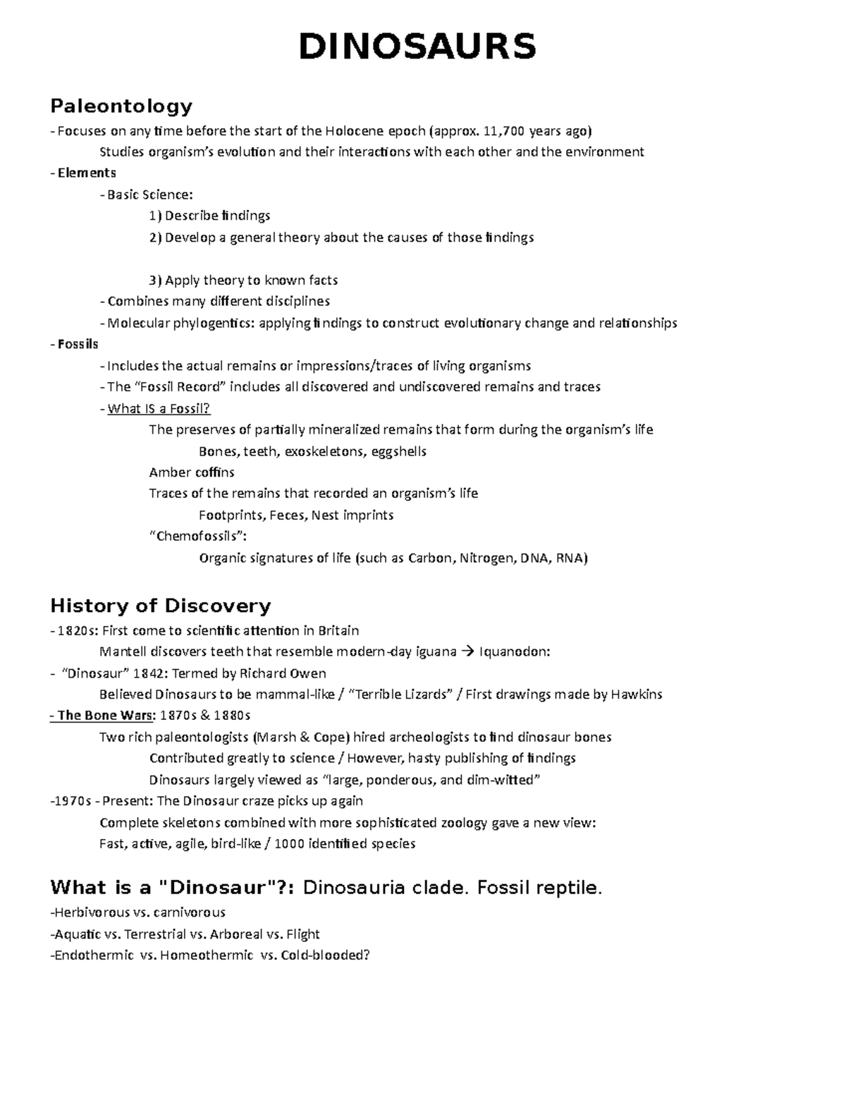 Dinosaurs - Lecture notes - DINOSAURS Paleontology Focuses on any time ...
