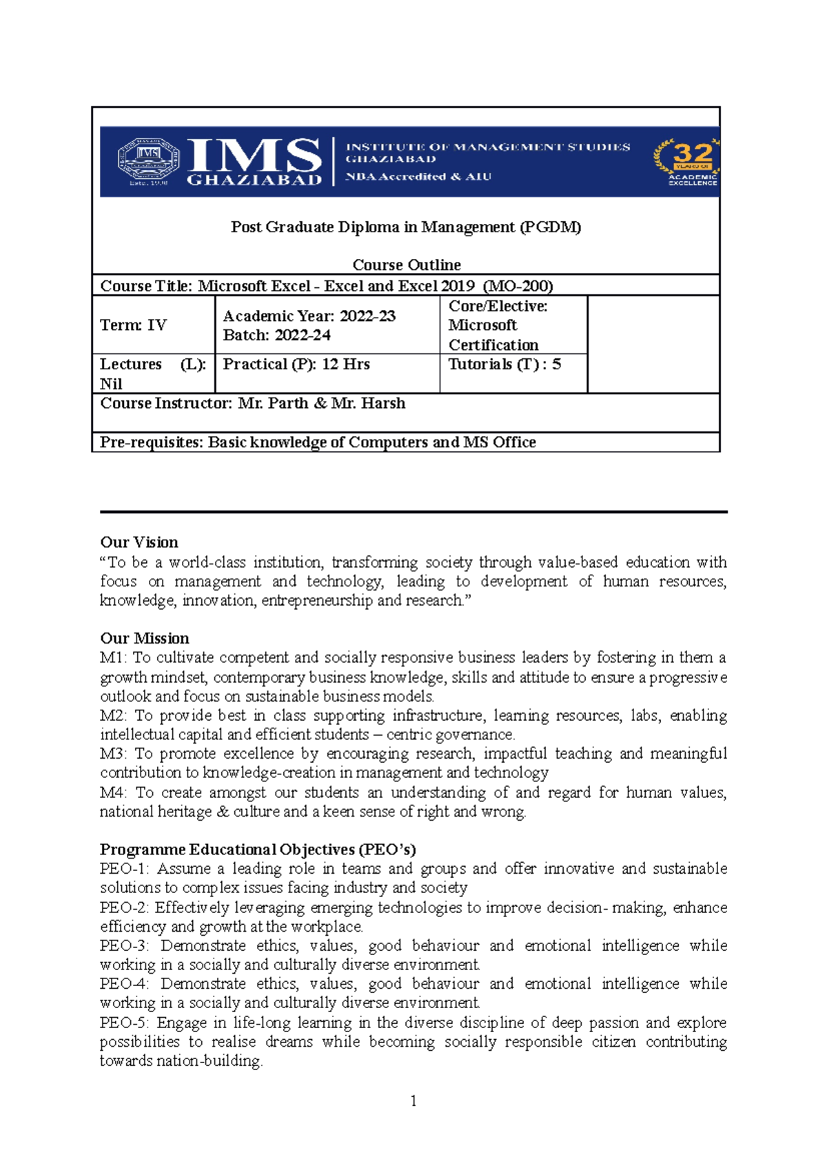 Lecture Plan VACP Excel - Post Graduate Diploma in Management (PGDM ...