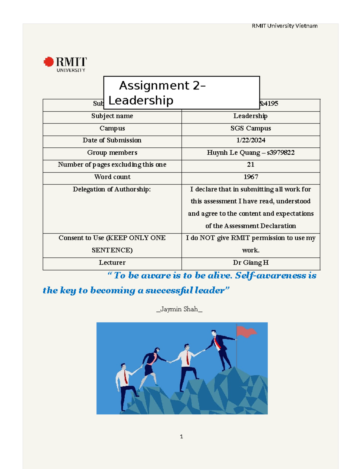 A3 Leadership Huynh Le Quang-s3979822 - Subject code BUSM4188& Subject ...