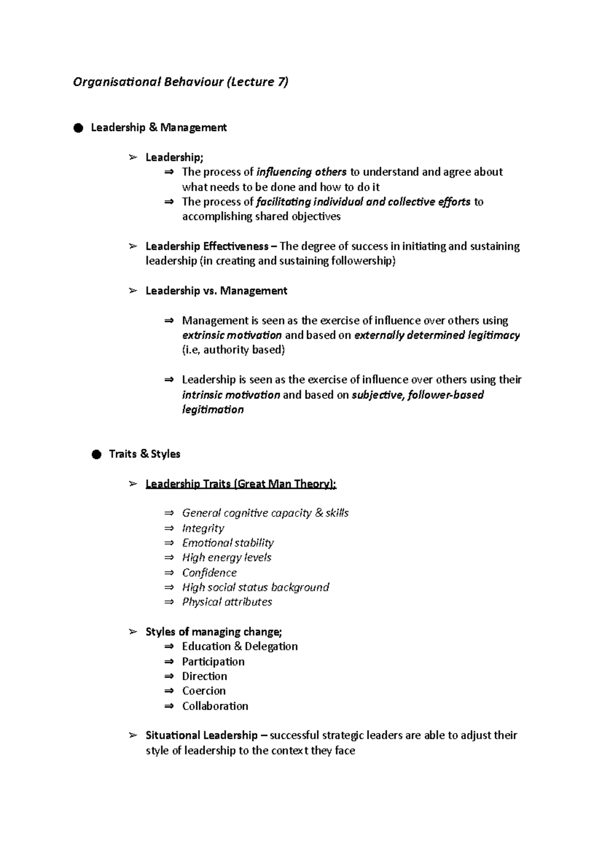 Organisational Behaviour (Lecture 7 Notes) - Organisational Behaviour ...