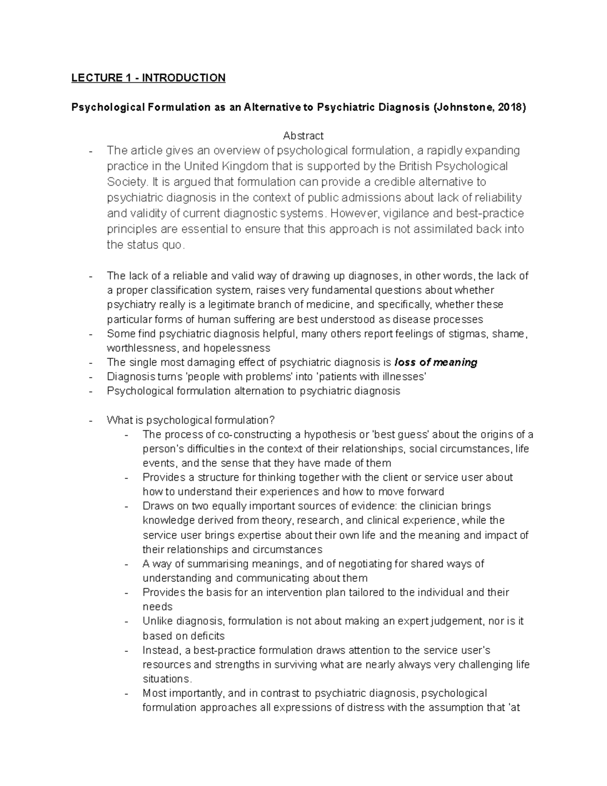 Reading TERM 1 - LECTURE 1 - INTRODUCTION Psychological Formulation as ...