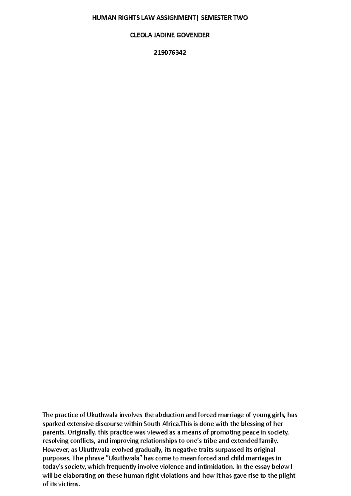 HUMAN RIGHTS ESSAY - HUMAN RIGHTS LAW ASSIGNMENT| SEMESTER TWO CLEOLA ...