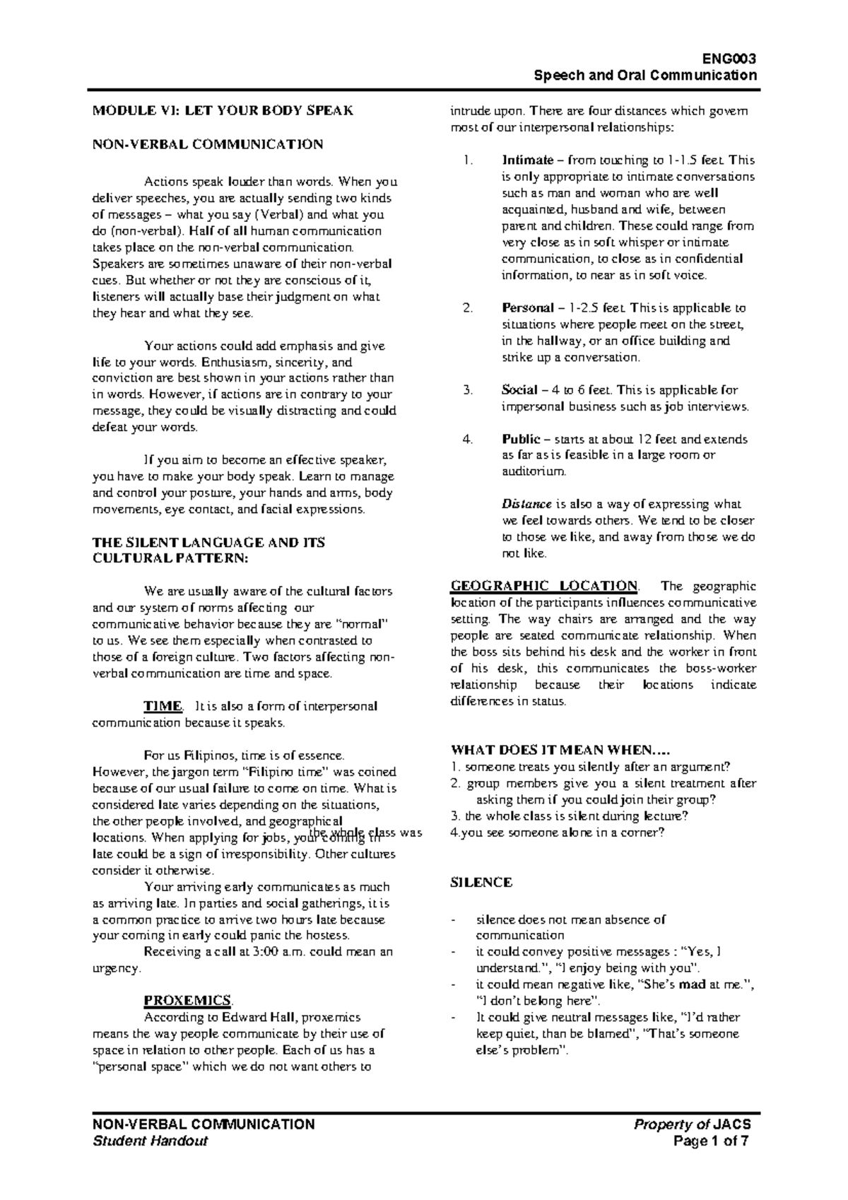 Enng003 handout nonverbal - MODULE VI: LET YOUR BODY SPEAK NON-VERBAL ...