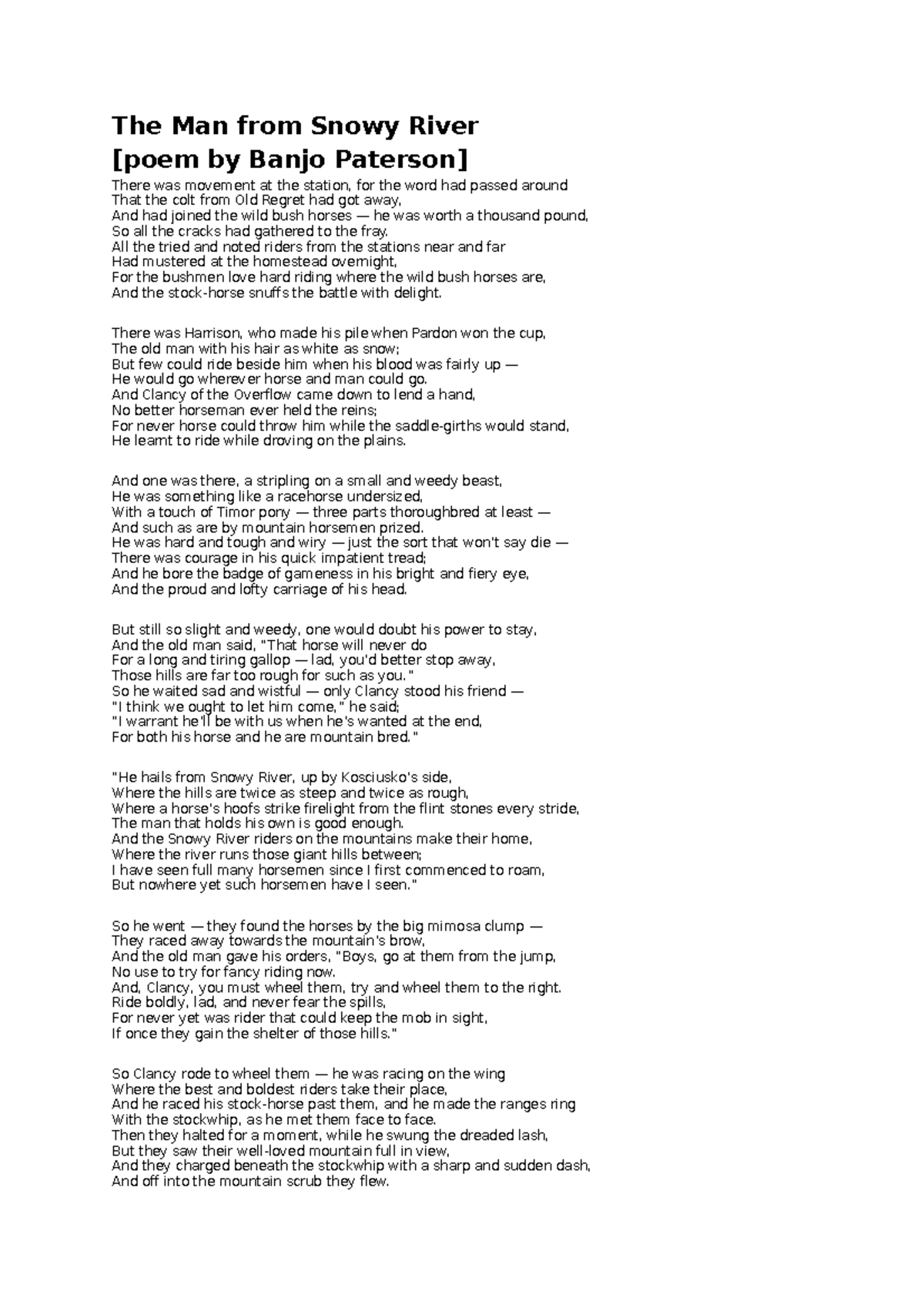 Translation assignment - The Man from Snowy River [poem by Banjo ...