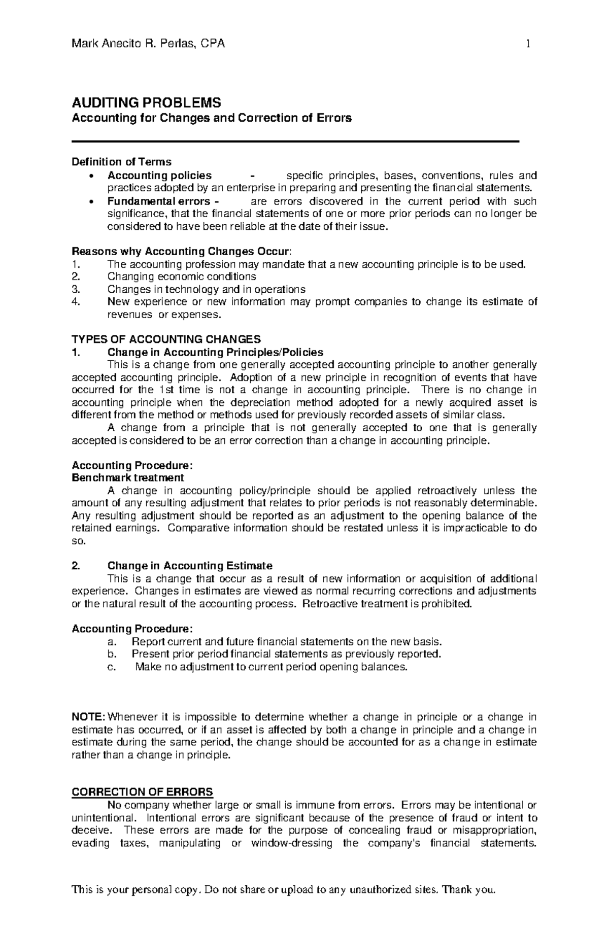 ACCO 30053 Correction of Errors MARP - AUDITING PROBLEMS Accounting for Changes and Correction ...