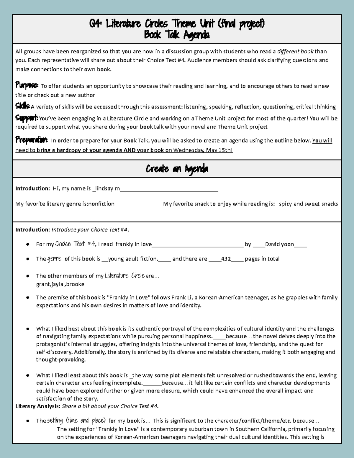Book Talk - idk - Q4: Literature Circles Theme Unit (final project ...