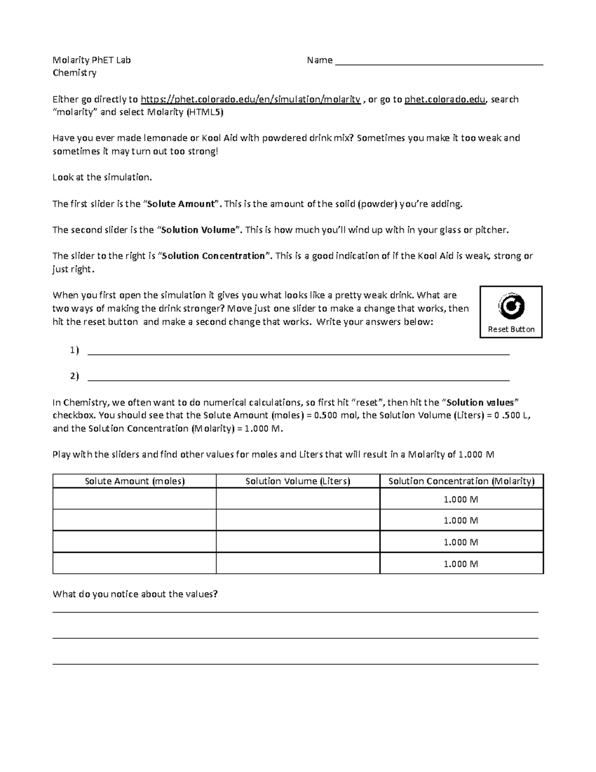 Molarity Ph ET Lab sp 24 - Molarity PhET Lab Name