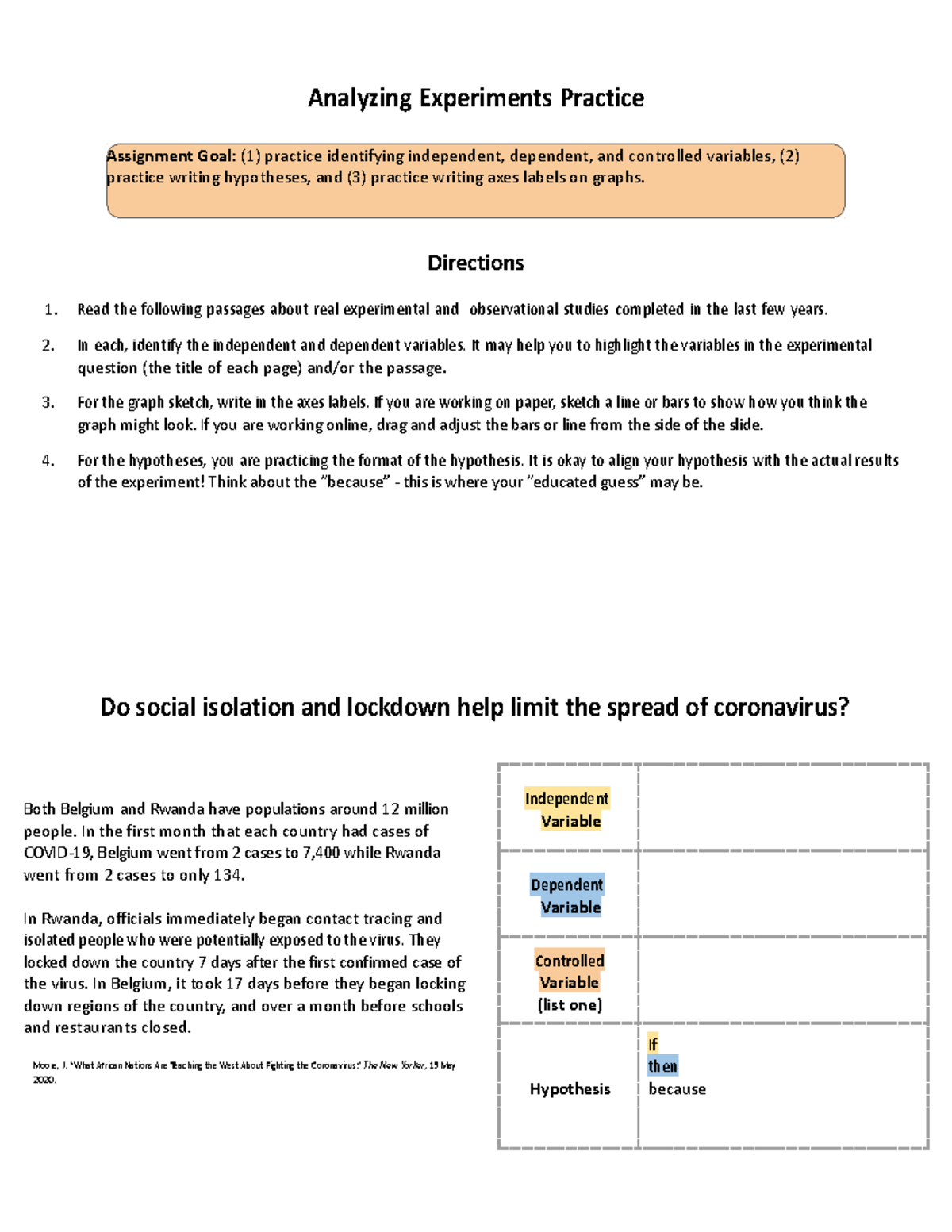 Analyzing Experiments Practice Printable-1 - Assignment Goal: (1) practice identifying ...