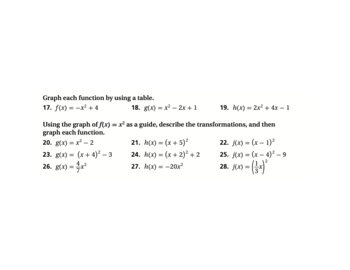 2-1 HW - eee - Graph each function using a table. 17. f(x) 4 18. g(x) 1 ...