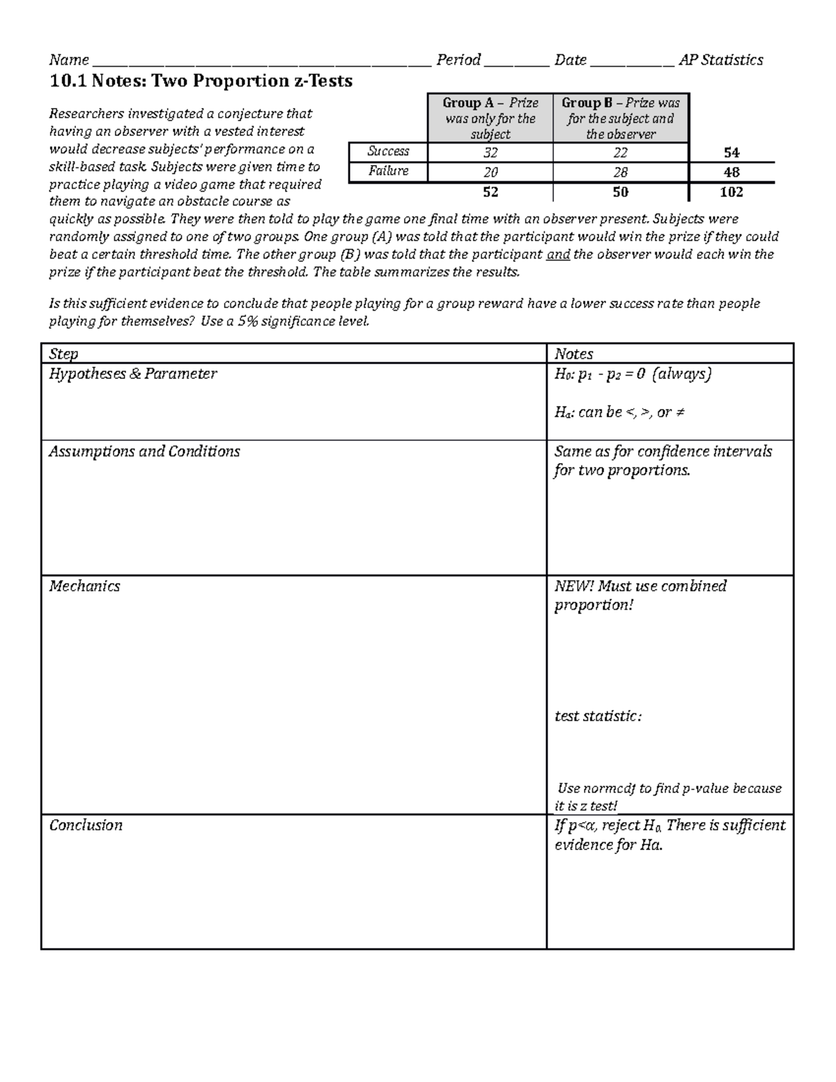 Notes Hypothesis Tests Two Proportions - Name - Studocu