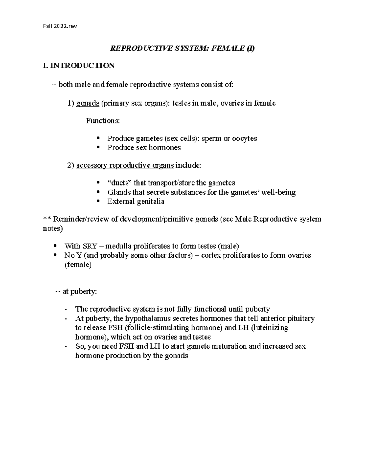 Female Reproductive I - A215 Fall2022 - REPRODUCTIVE SYSTEM: FEMALE (I ...