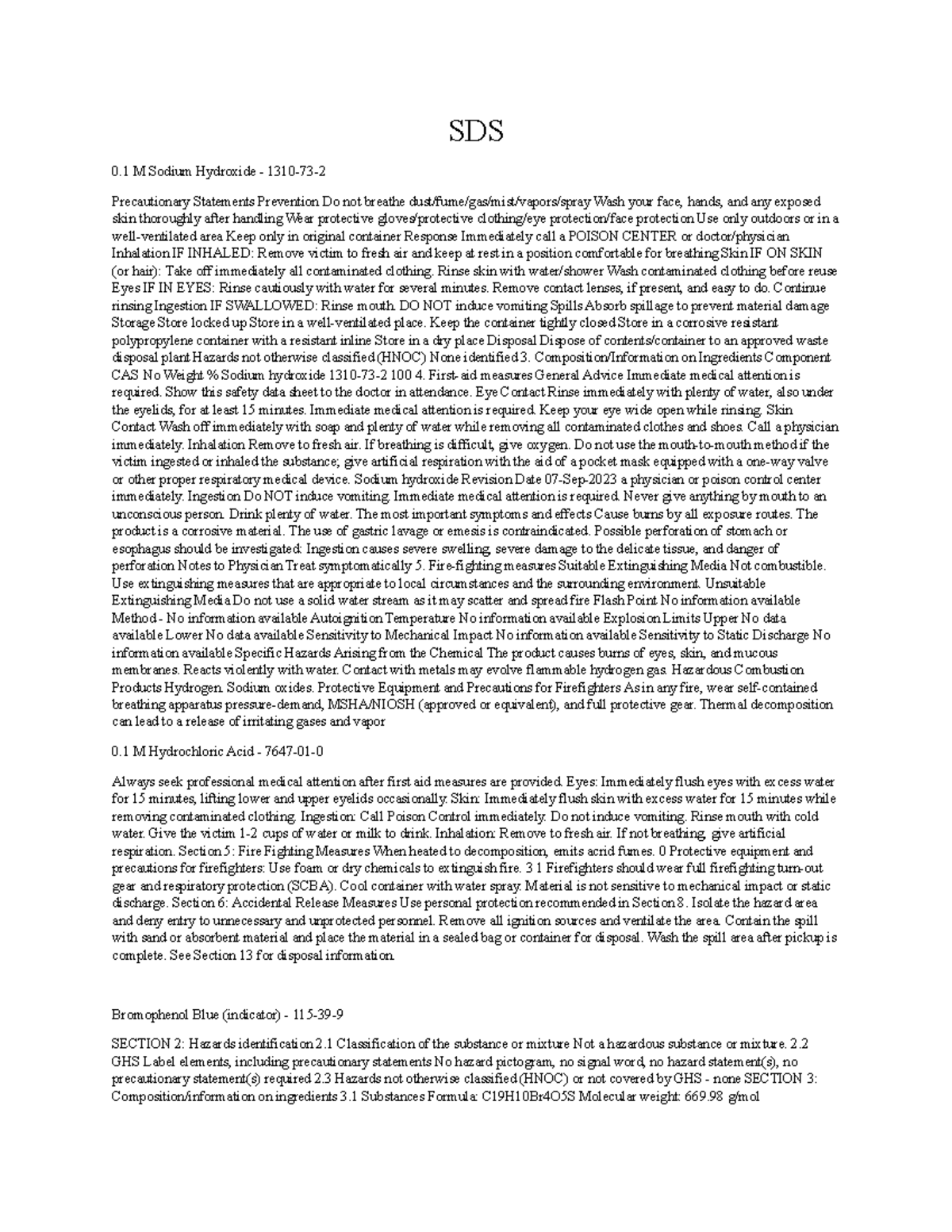 SDS 5 - Sds for week 5 - SDS 0 M Sodium Hydroxide - 1310-73- Precautionary Statements Prevention ...