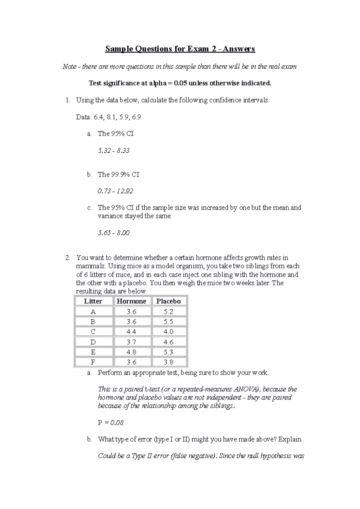 Sample Questions Anova - Sample Questions for Exam 2 - Answers Note - there are more questions ...