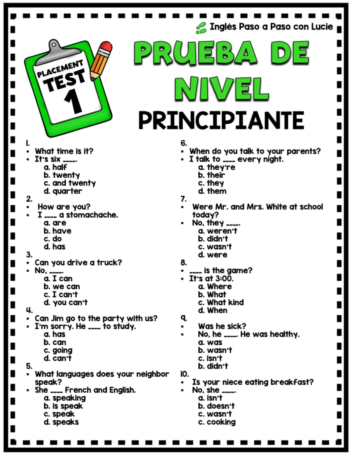 Copy of Prueba PARA Nivel Principiante - Inglés - Studocu