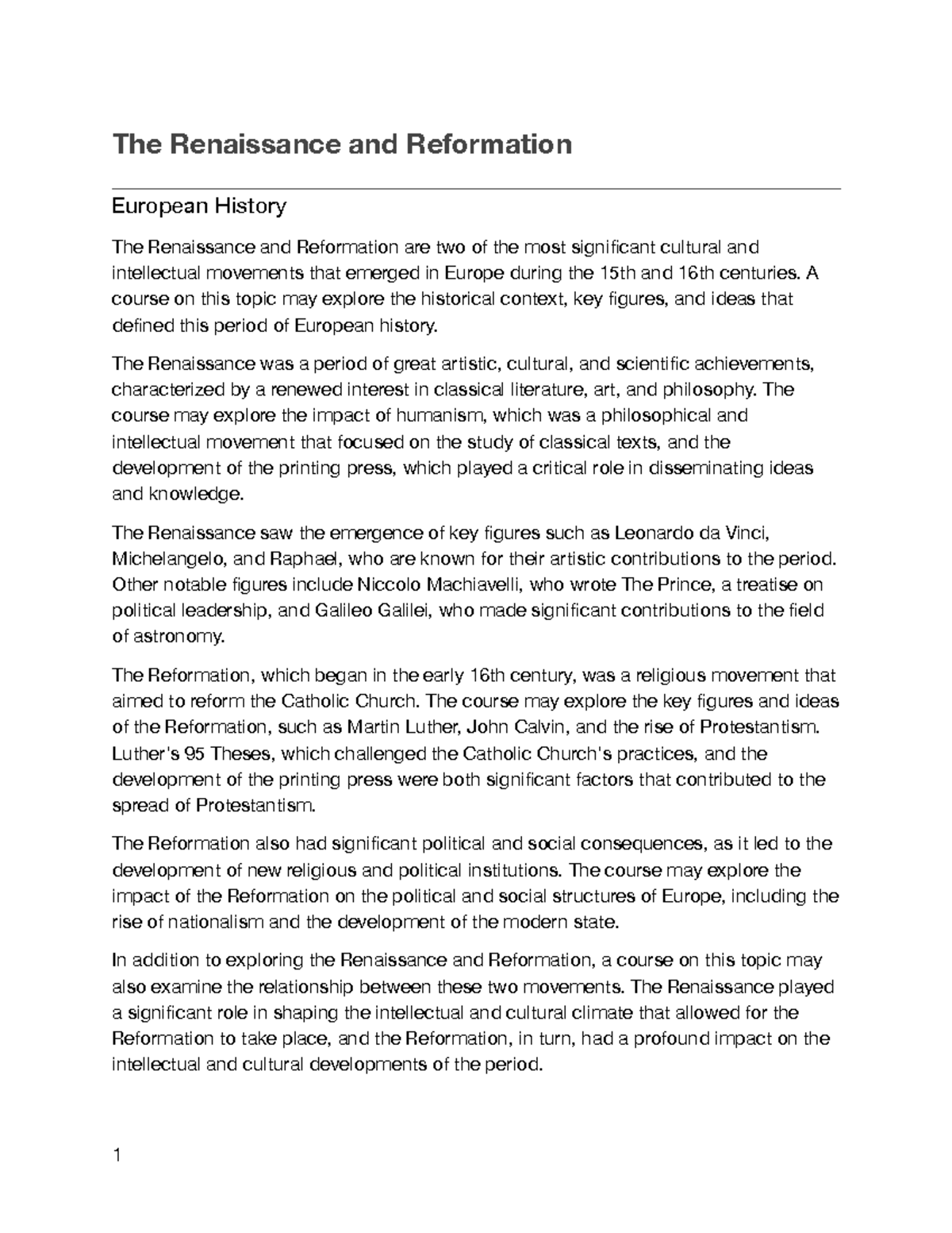 The Renaissance and Reformation European History Notes - The ...