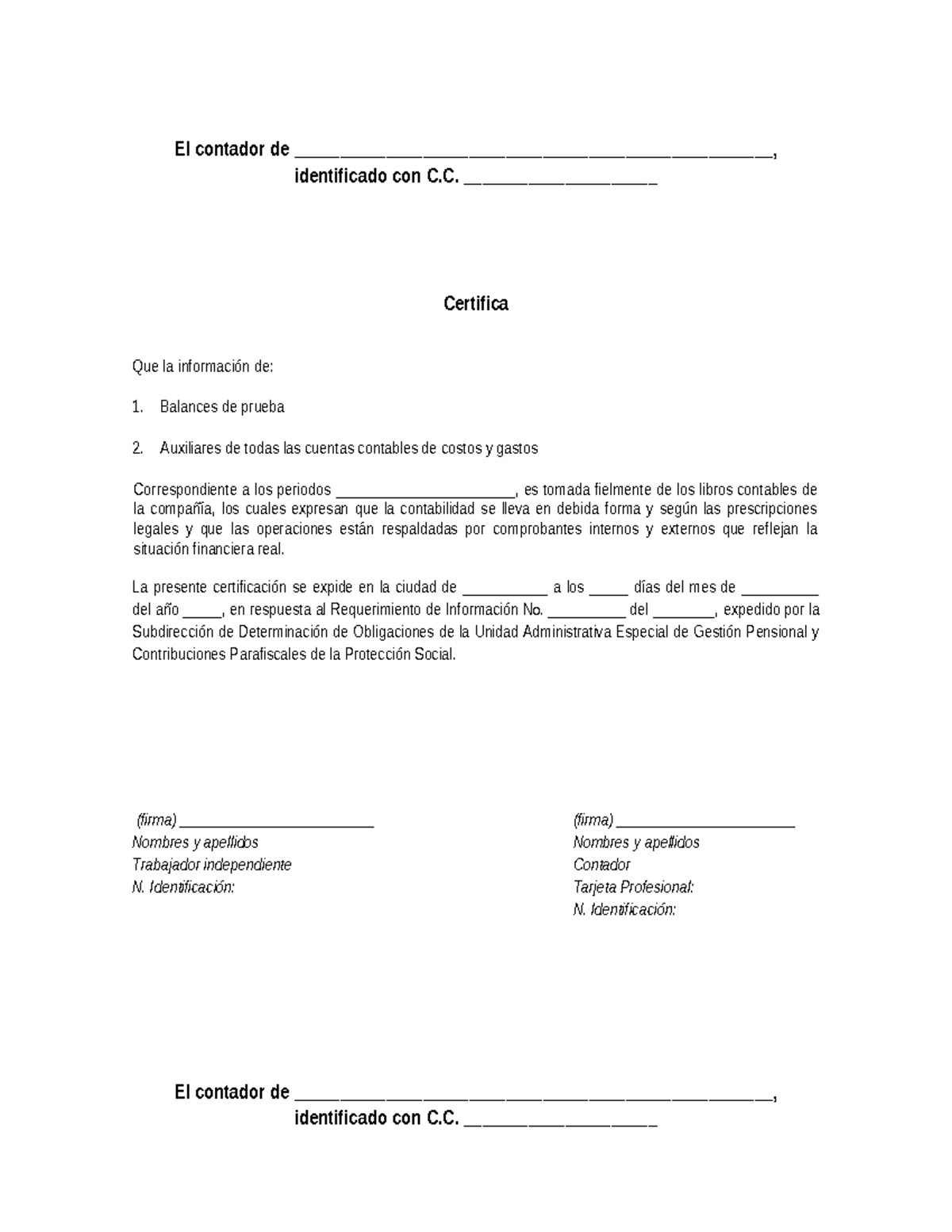 UGPP. Modelo Certificado Contador Contabilidad Y Costos - El contador ...