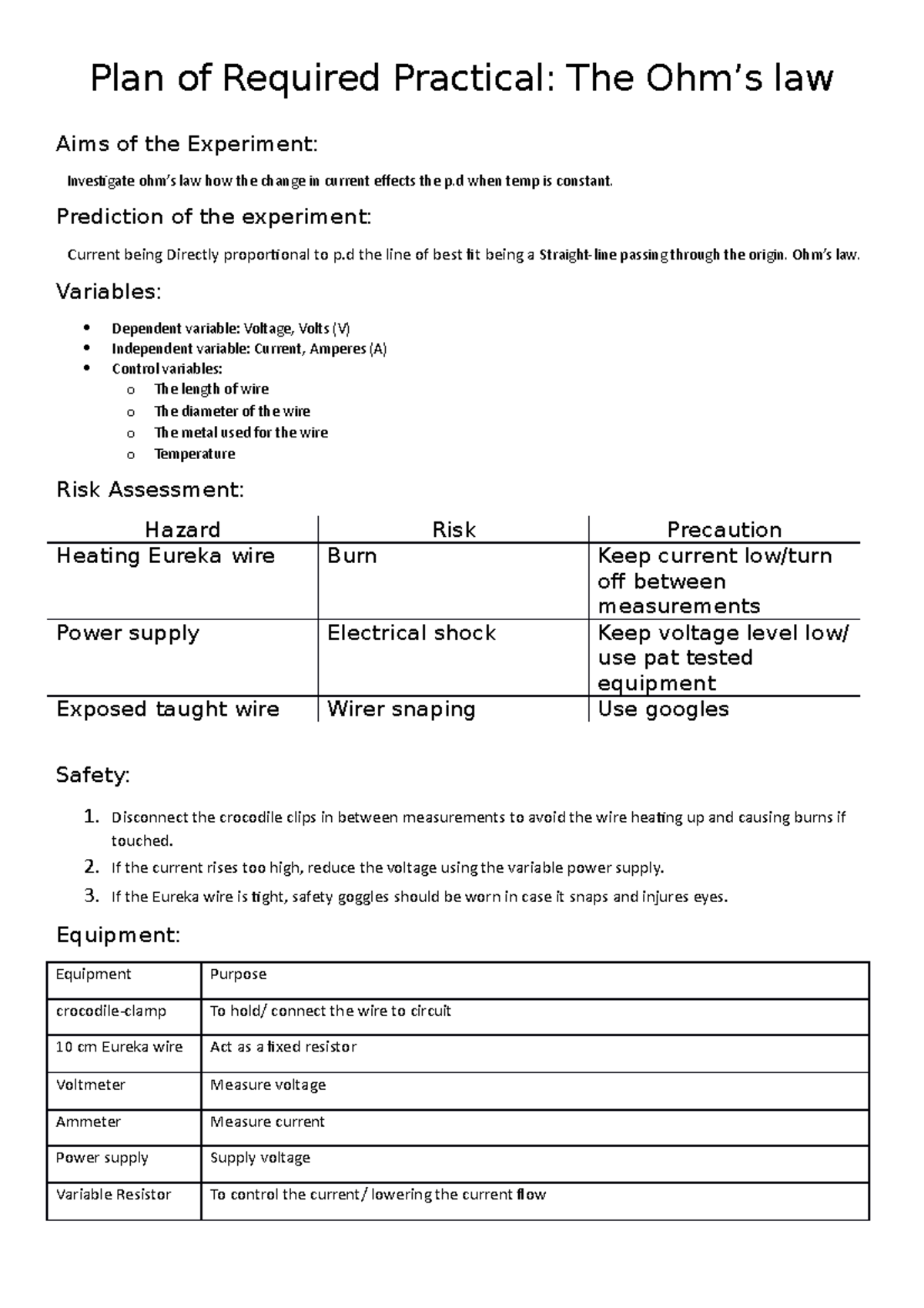 Plan of Required Practical ohm law - Plan of Required Practical: The ...