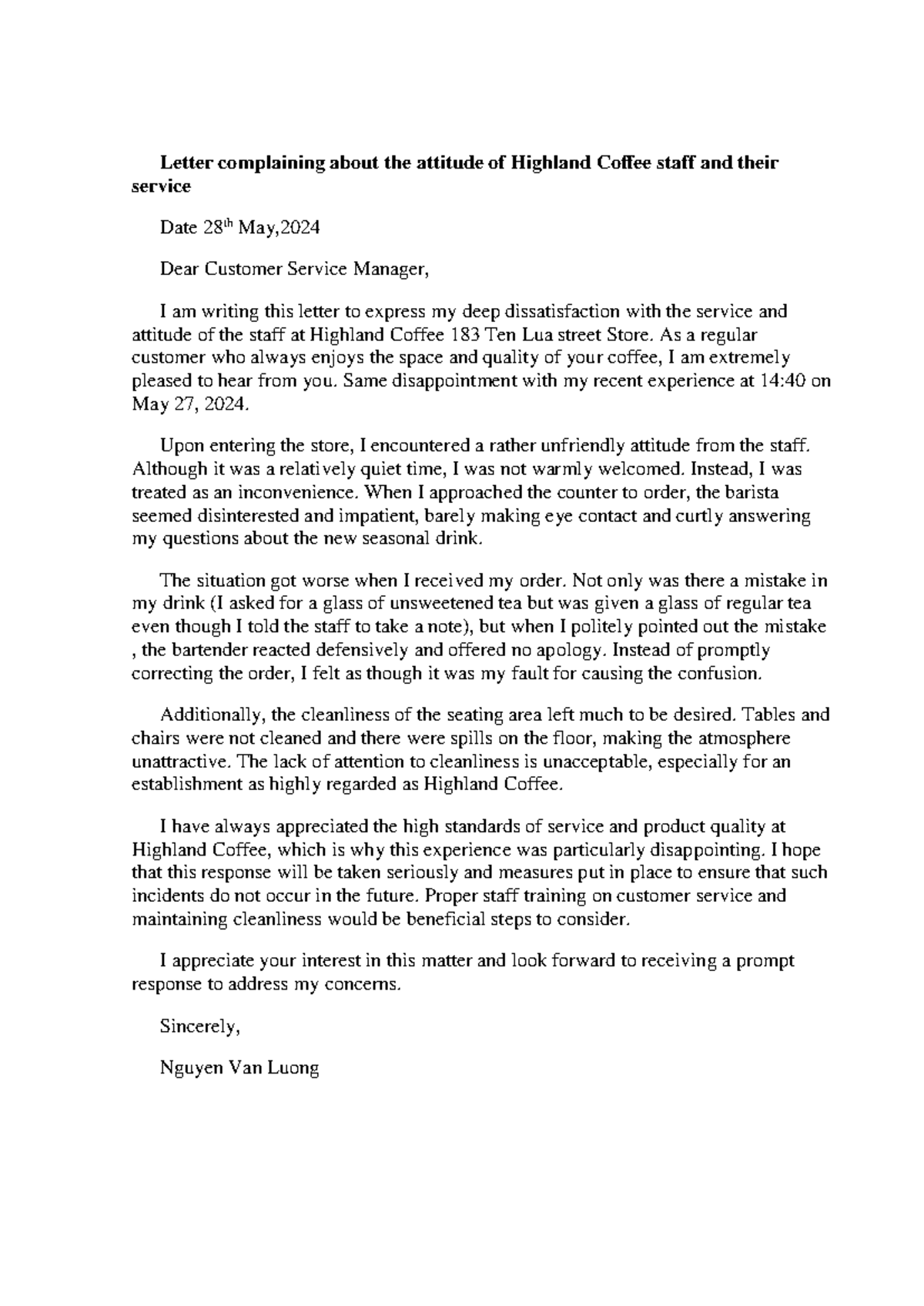 Thư complaint - Letter complaining about the attitude of Highland ...