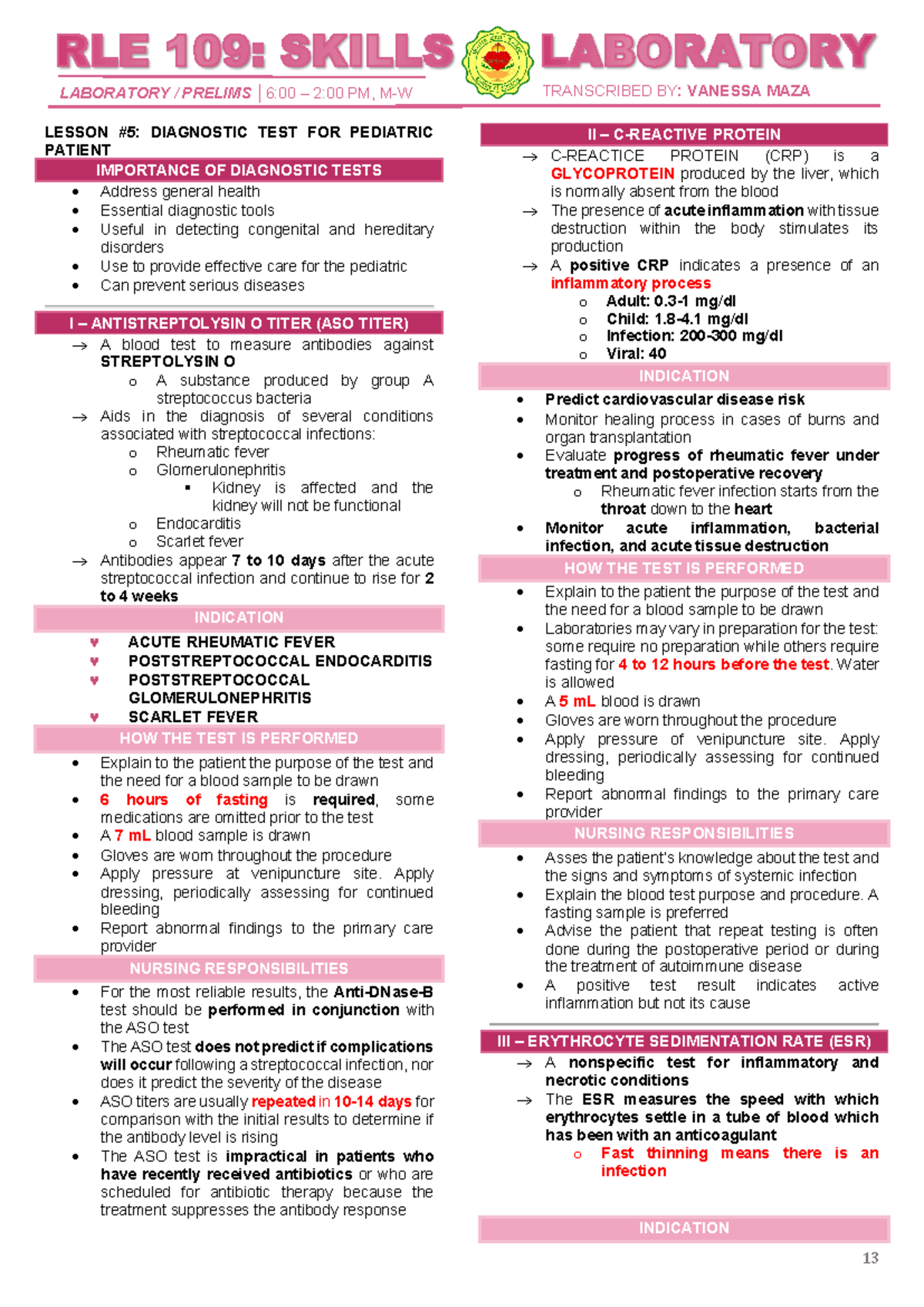 DX TEST FOR Pedia - LESSON #5: DIAGNOSTIC TEST FOR PEDIATRIC PATIENT ...