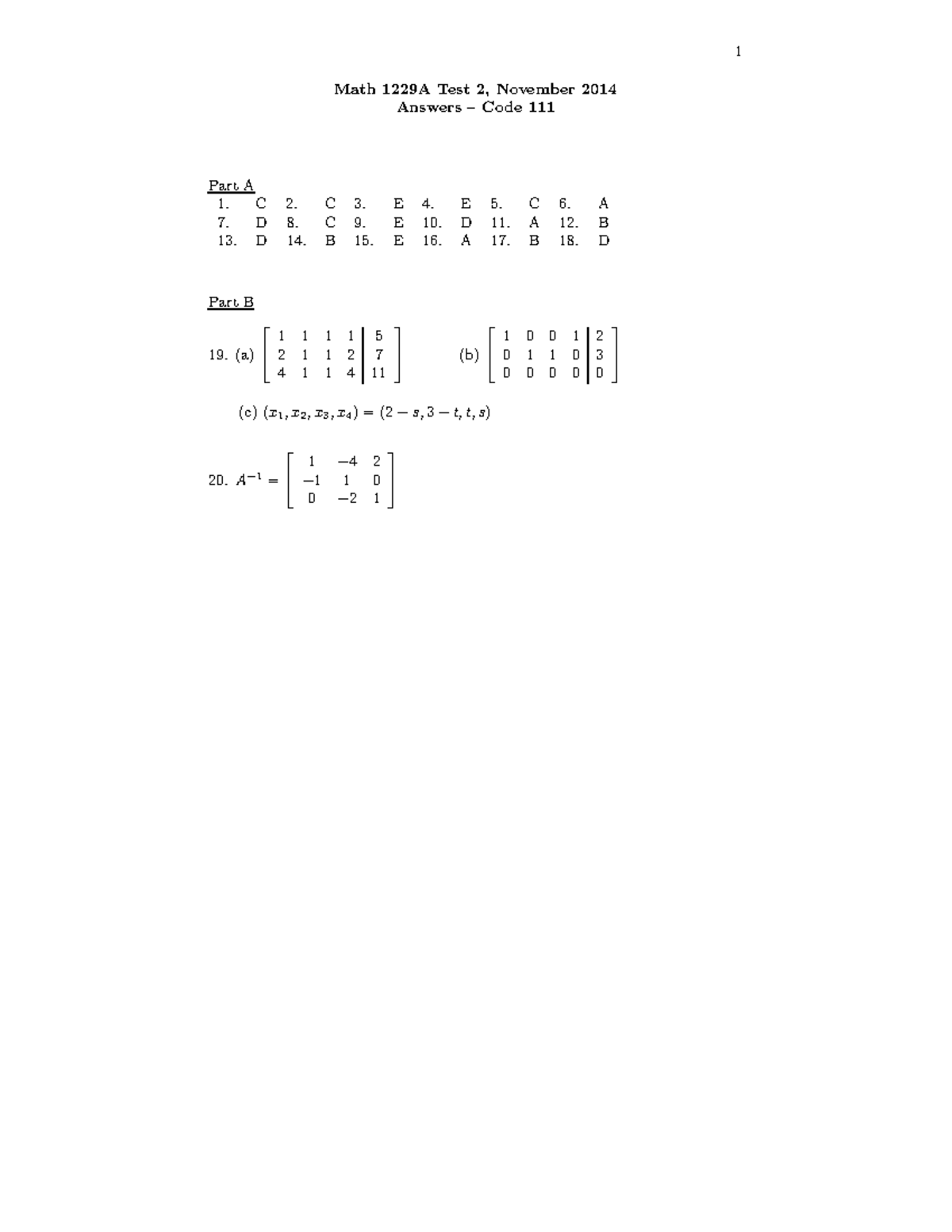 Exam Answers Cs1033 1 Math 1229a Test 2 November 2014 Answers Code 111 Part A 1 C 2 C
