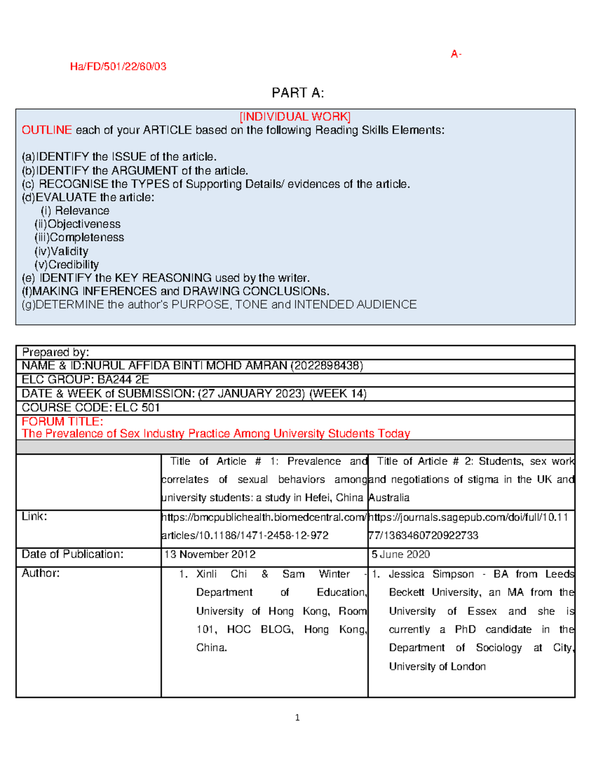 ELC501 individual assignment - Ha/FD/501/22/60/ [INDIVIDUAL WORK ...